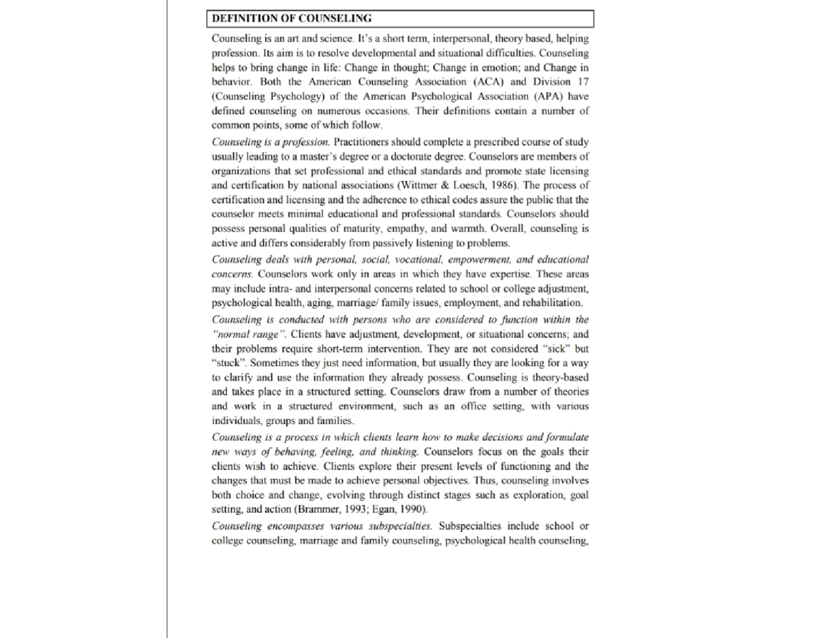 Definition of counselling - Guidance And Counselling - Studocu