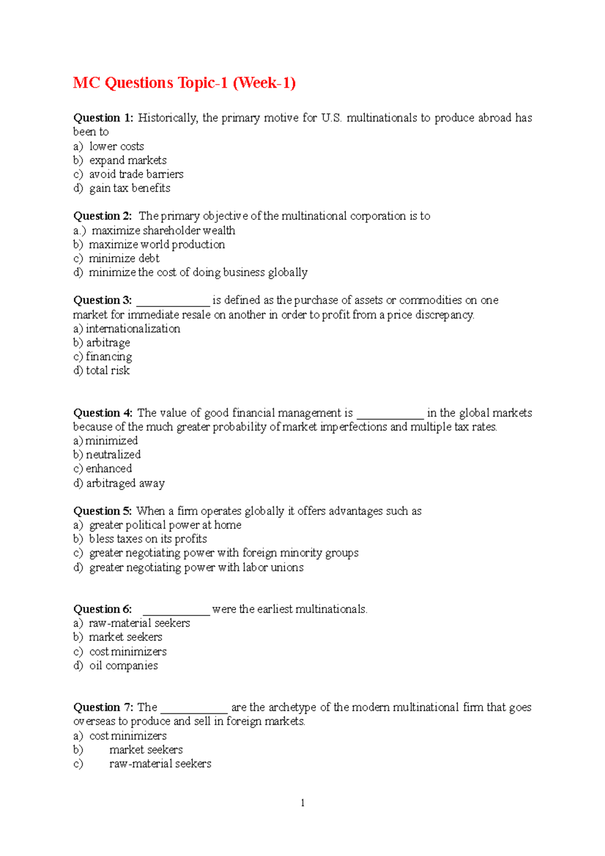 Quiz 1 Questions and answers - MC Questions Topic-1 (Week-1) Question 1 ...