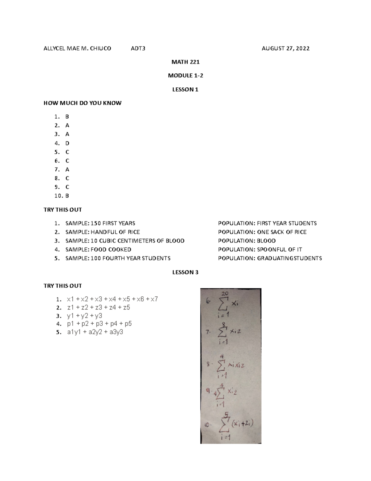 Statistics - Answer - ALLYCEL MAE M. CHIUCO ADT3 AUGUST 27, 2022 MATH ...
