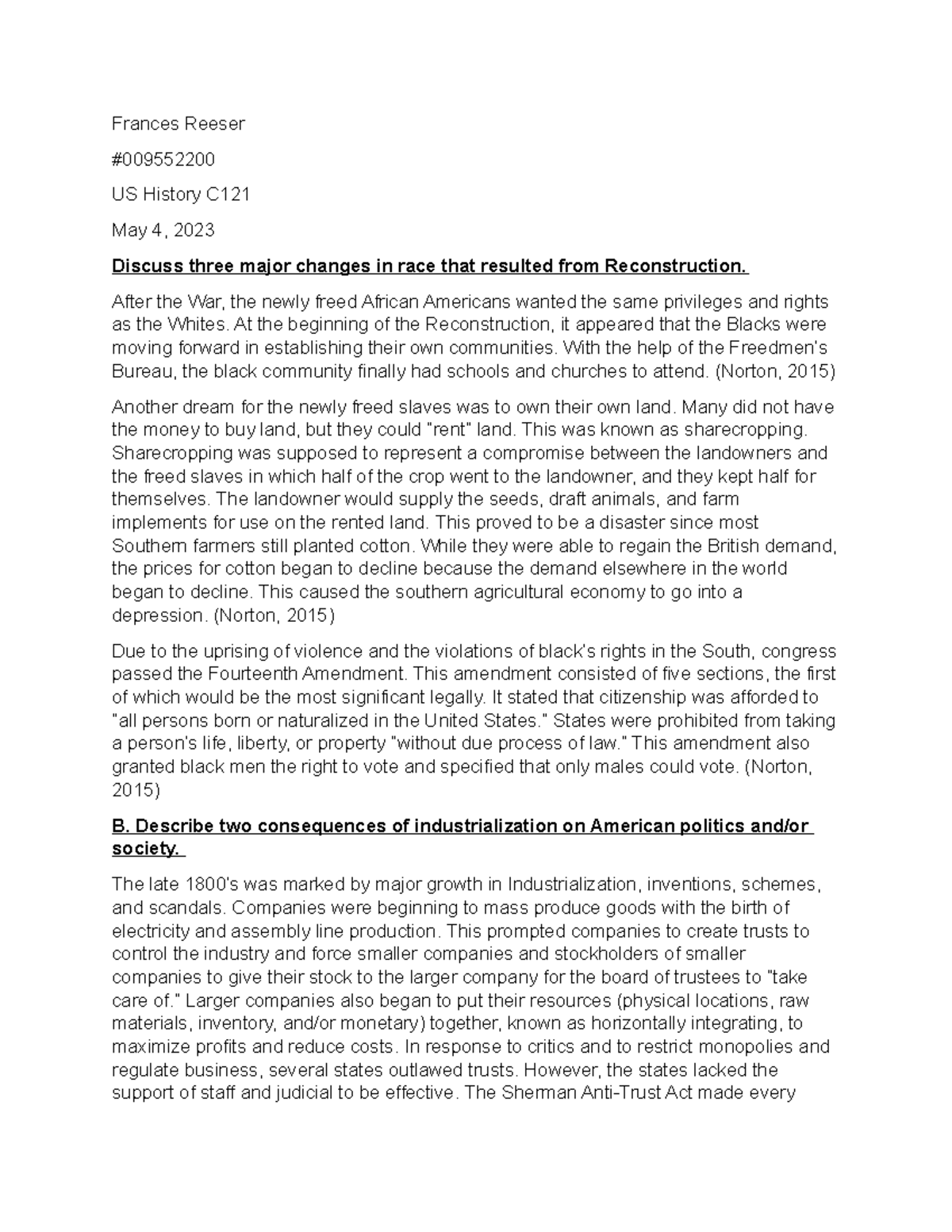 US History Task 3 - Passed - Frances Reeser US History C May 4, 2023 ...