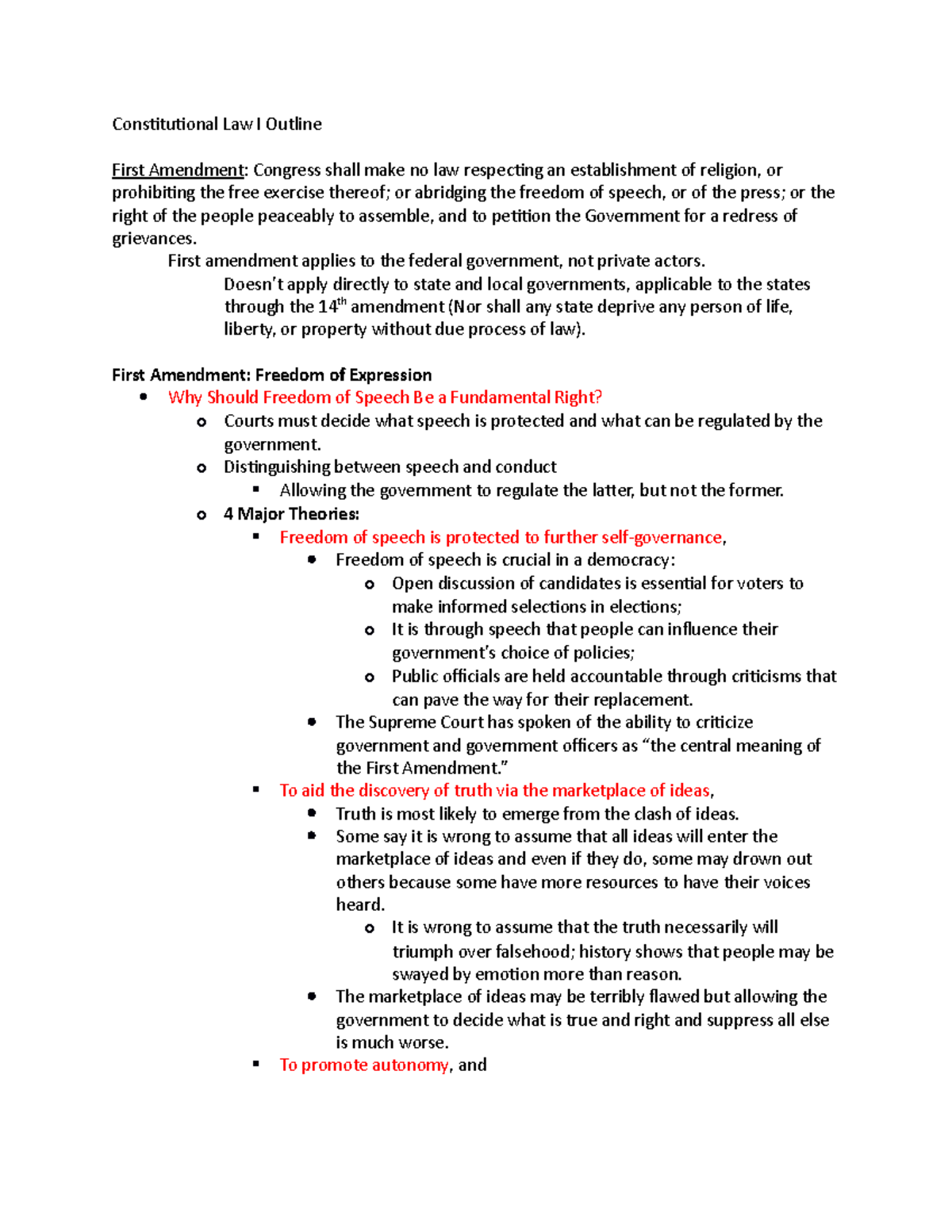 Constitutional Law I Outline - First amendment applies to the federal ...