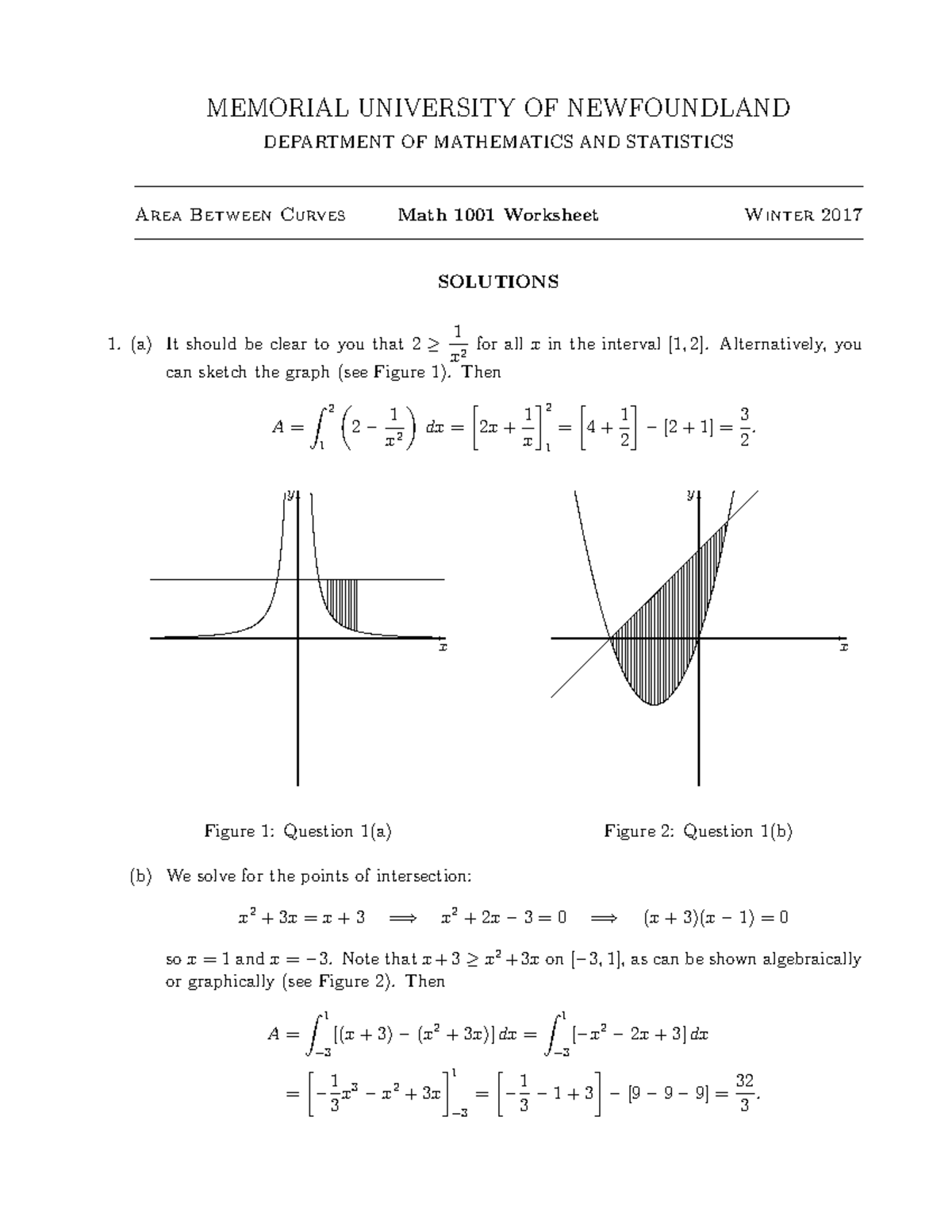 Solutions Worksheet on Area Between Curves - MEMORIAL UNIVERSITY OF ...