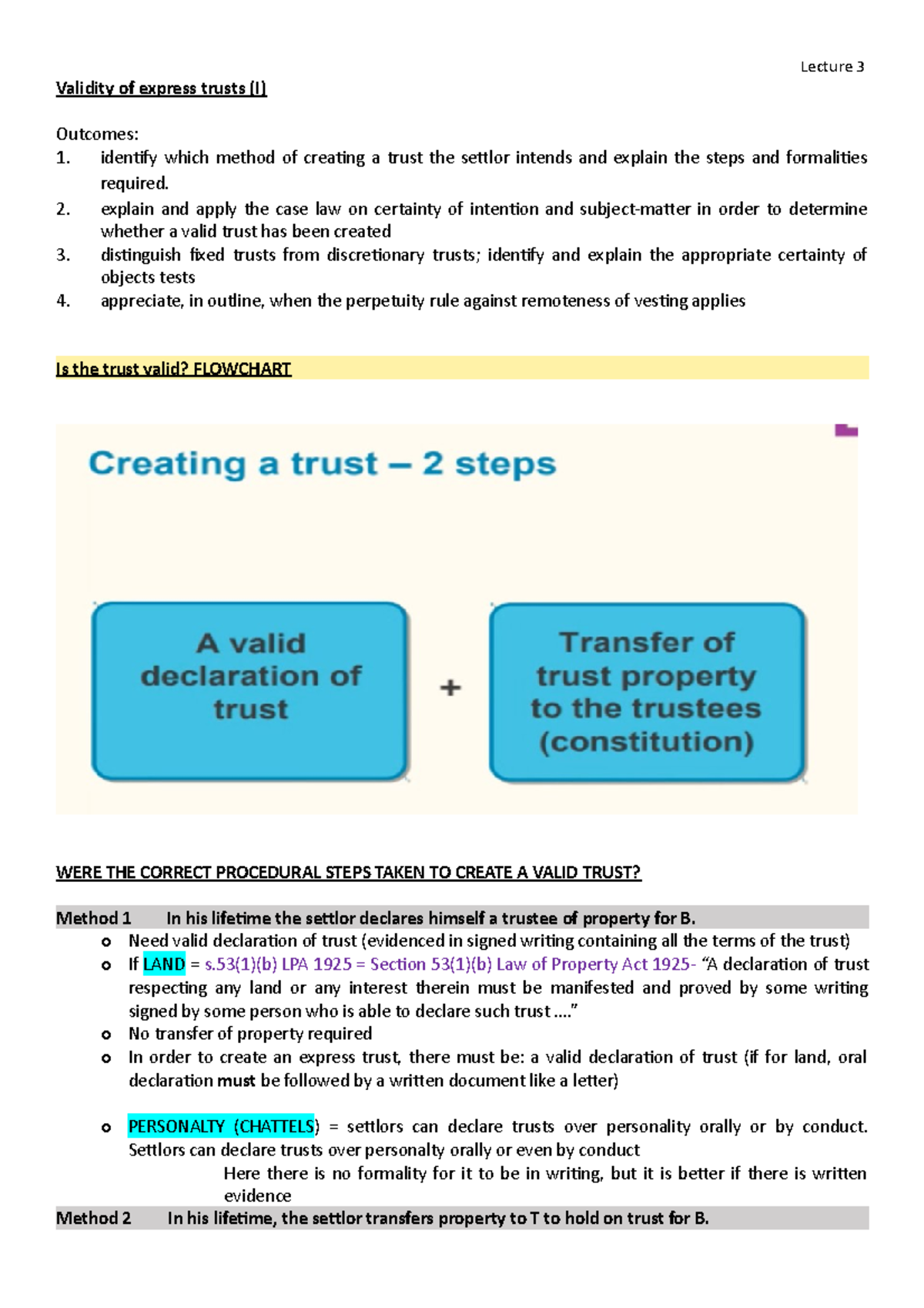 Lecture 3 - Large Group 3 notes - Lecture 3 Validity of express trusts ...