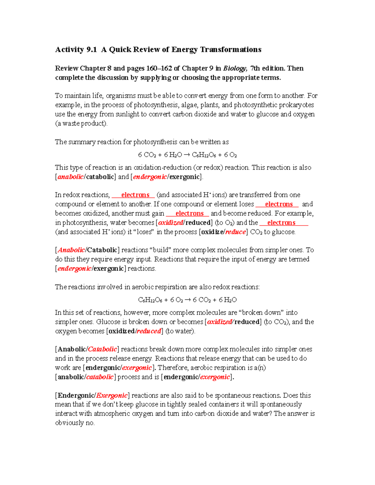 Activity 9 Homework Answer Key - Activity 9 A Quick Review of Energy ...