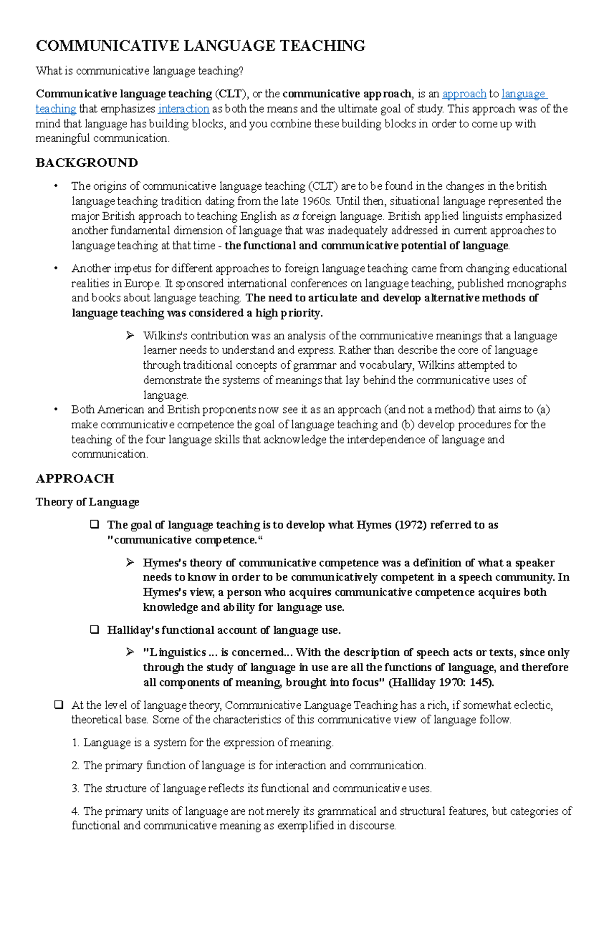 Communicative Language Teaching word - English - Studocu