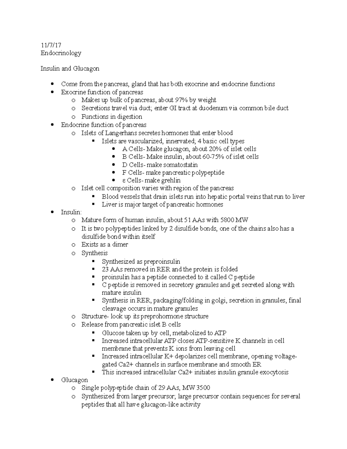 Lecture 15- insulin:glucagon- lecture notes from textbook and lecture ...