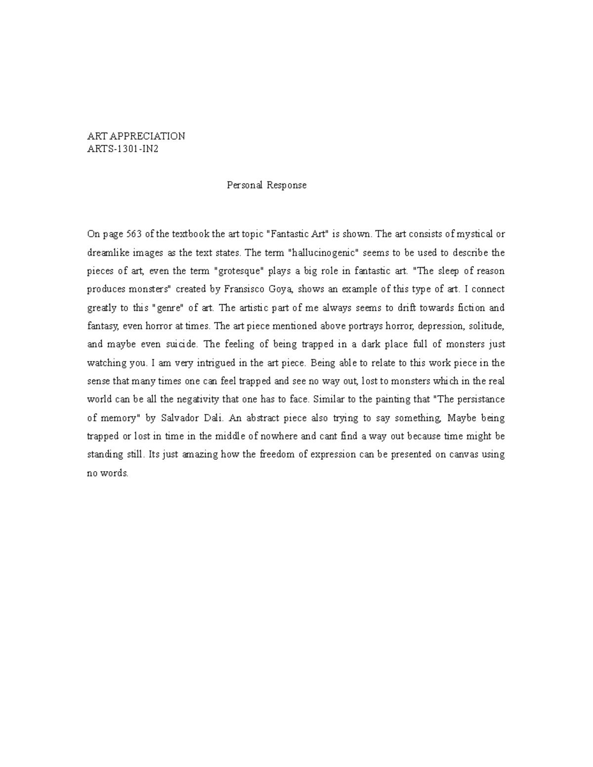 ART 1301 Personal Response 1 - ART APPRECIATION ARTS-1301-IN Personal ...