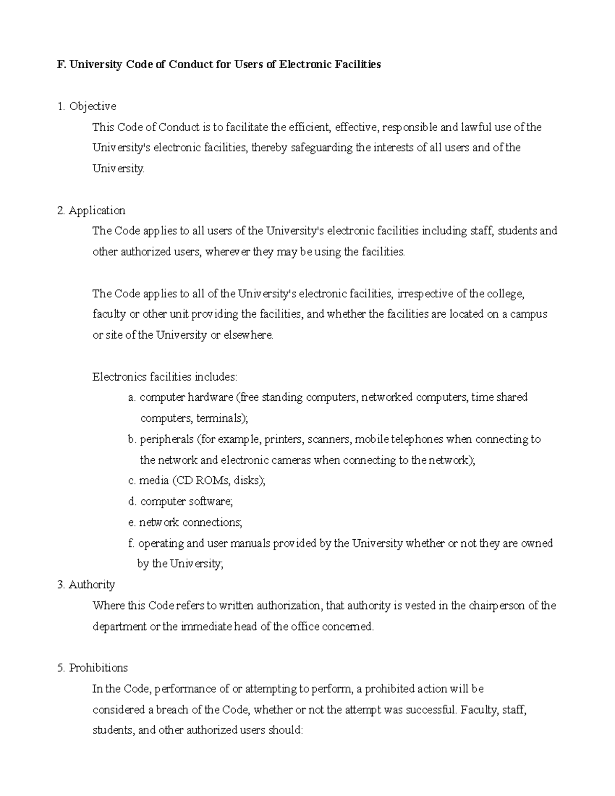Code Of Conduct - Ethics - F. University Code of Conduct for Users of ...