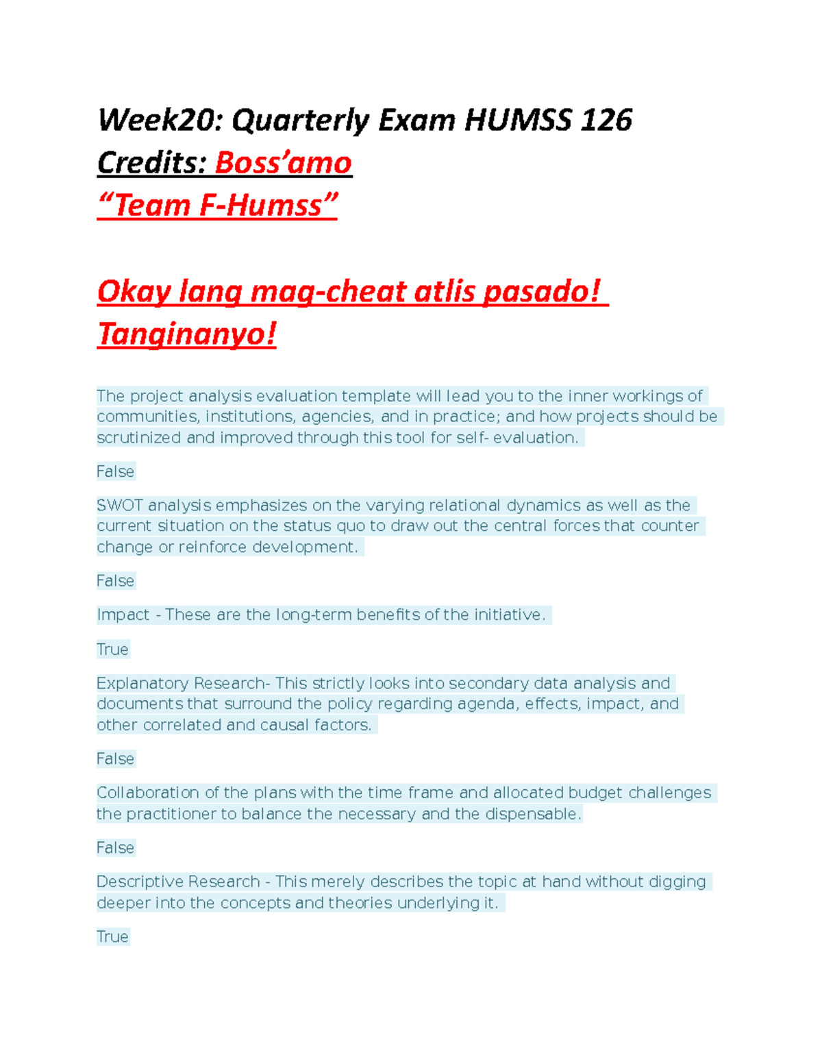 Week 20 Humss 126 Bossamo tane BY KUYA JOVERT - Week20: Quarterly Exam ...