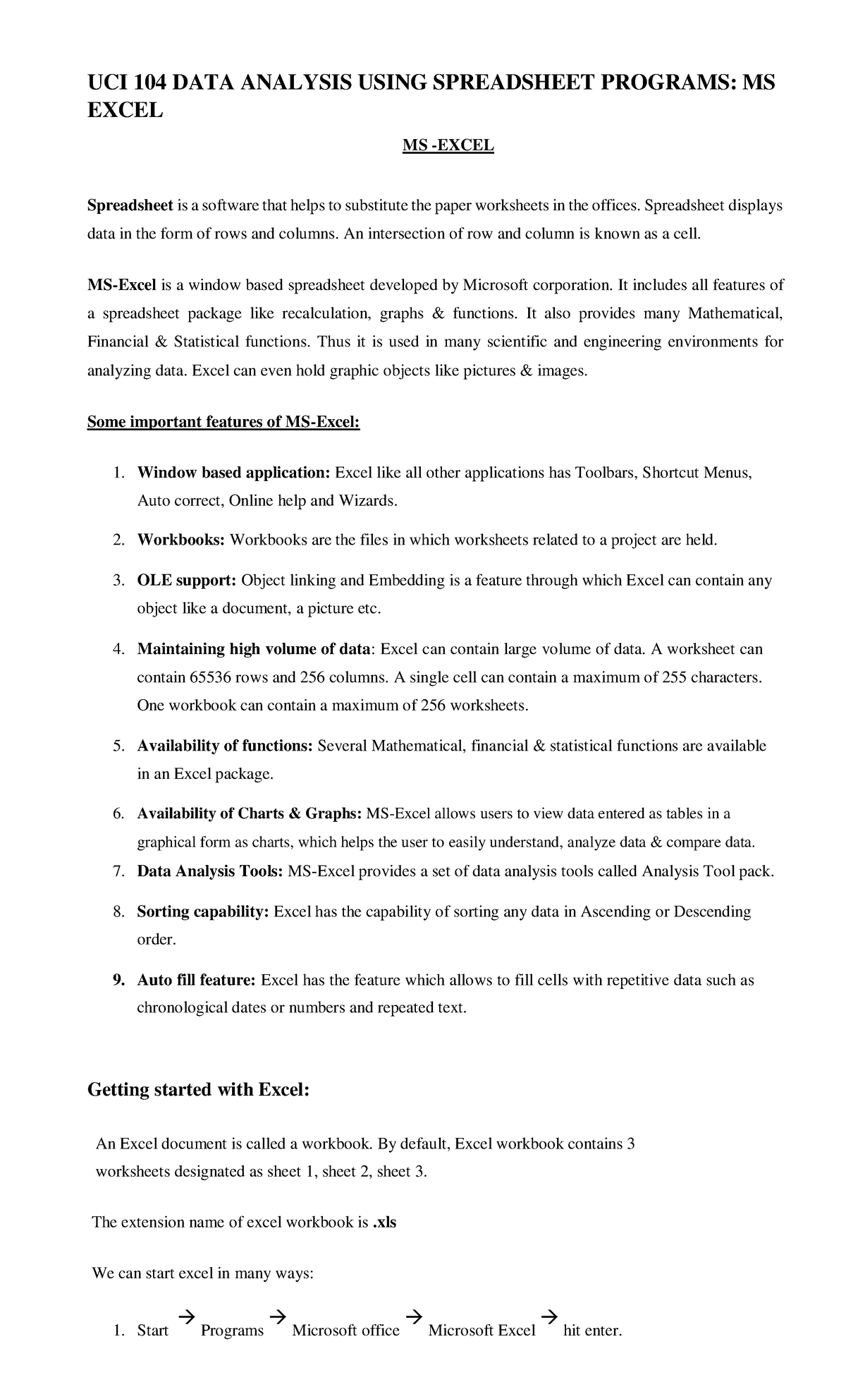 Information technology - UCI 104 DATA ANALYSIS USING SPREADSHEET PROGRAMS: MS EXCEL MS - EXCEL ...