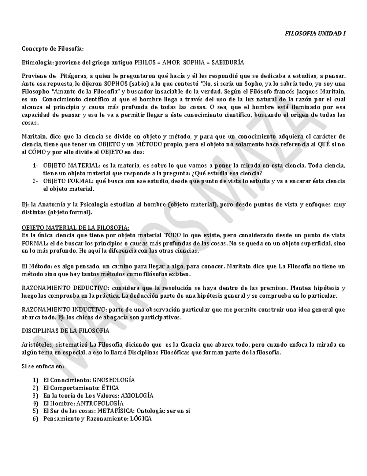 Resumen Introducción A LA Filosofia - FILOSOFIA UNIDAD I Concepto de Filosofía: Etimología ...