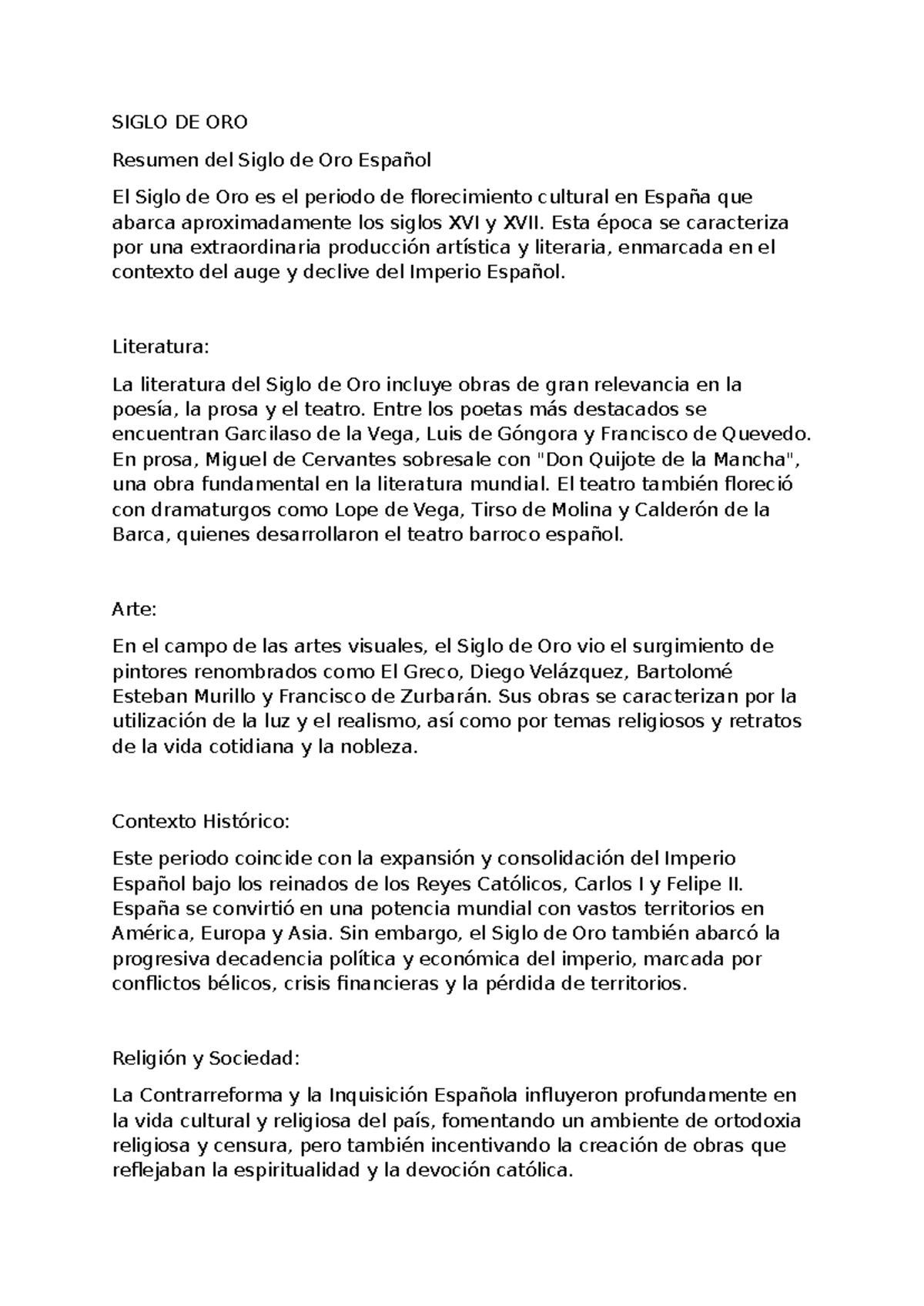 Siglo DE ORO - Riassunto Letteratura spagnola - SIGLO DE ORO Resumen ...