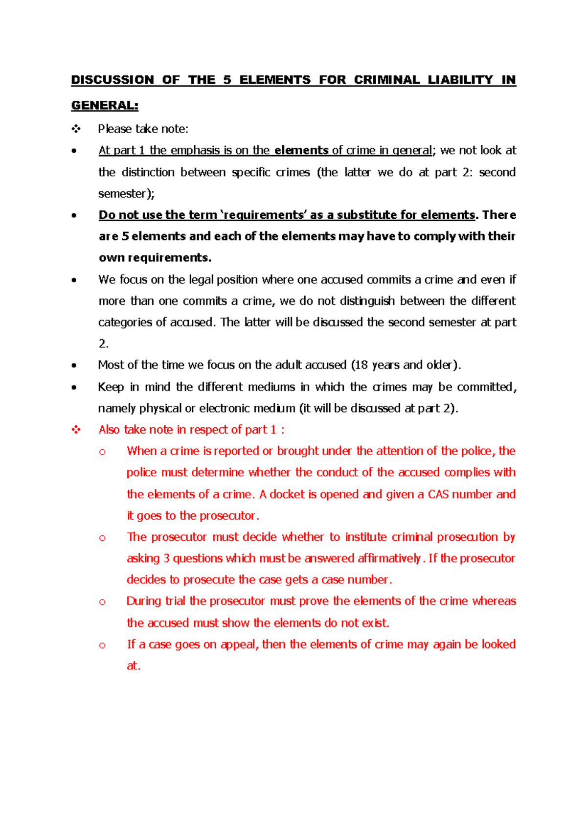 Chapter 2 of Criminal law notes - DISCUSSION OF THE 5 ELEMENTS FOR ...
