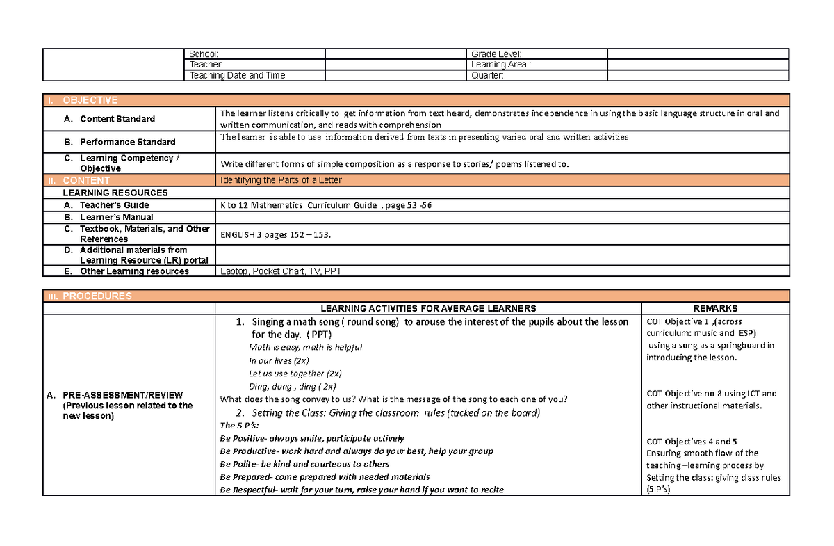 Math-6-cot - class journal - School: Grade Level: Teacher: Learning ...