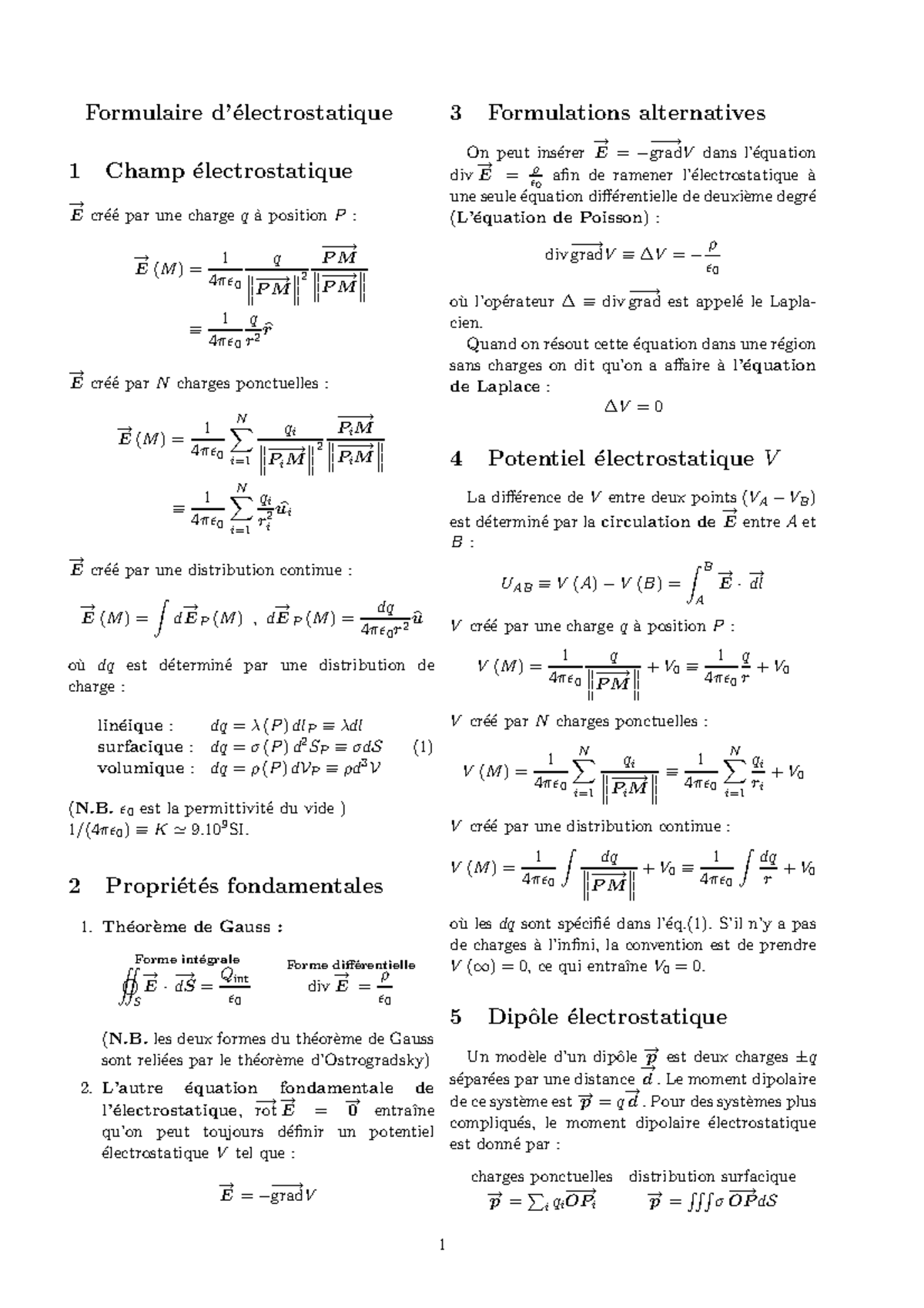 Electrostatique electrocinetique résumé 05 - Formulaire d ...