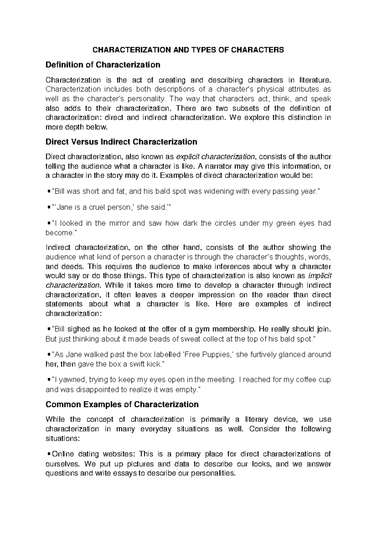 3FY English Unit 1 Sem 1 English Opt. Concepts - CHARACTERIZATION AND ...