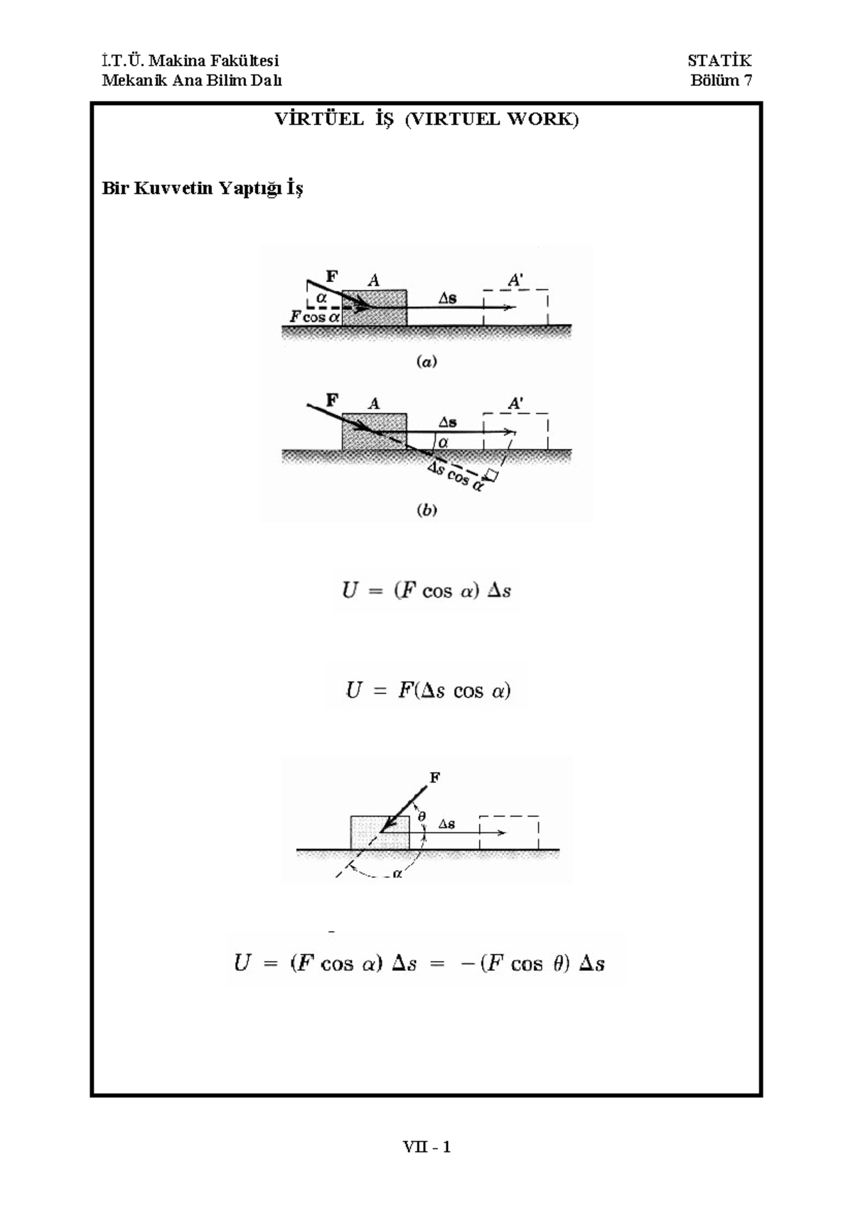 İTÜ Makine Mühendisligi Statik Bolum 7a - Mekanik Ana Bilim Dal ı Bˆl ...
