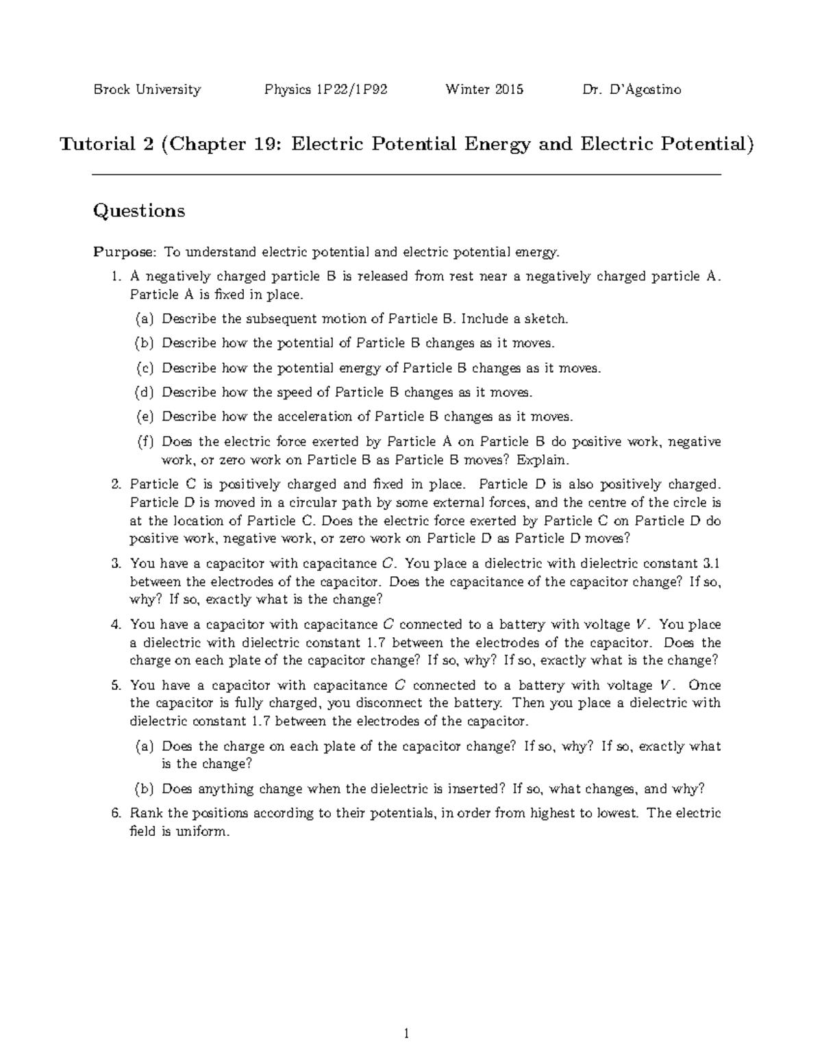 Tutorial 2 (Chapter 19: Electric Potential Energy and Electric ...