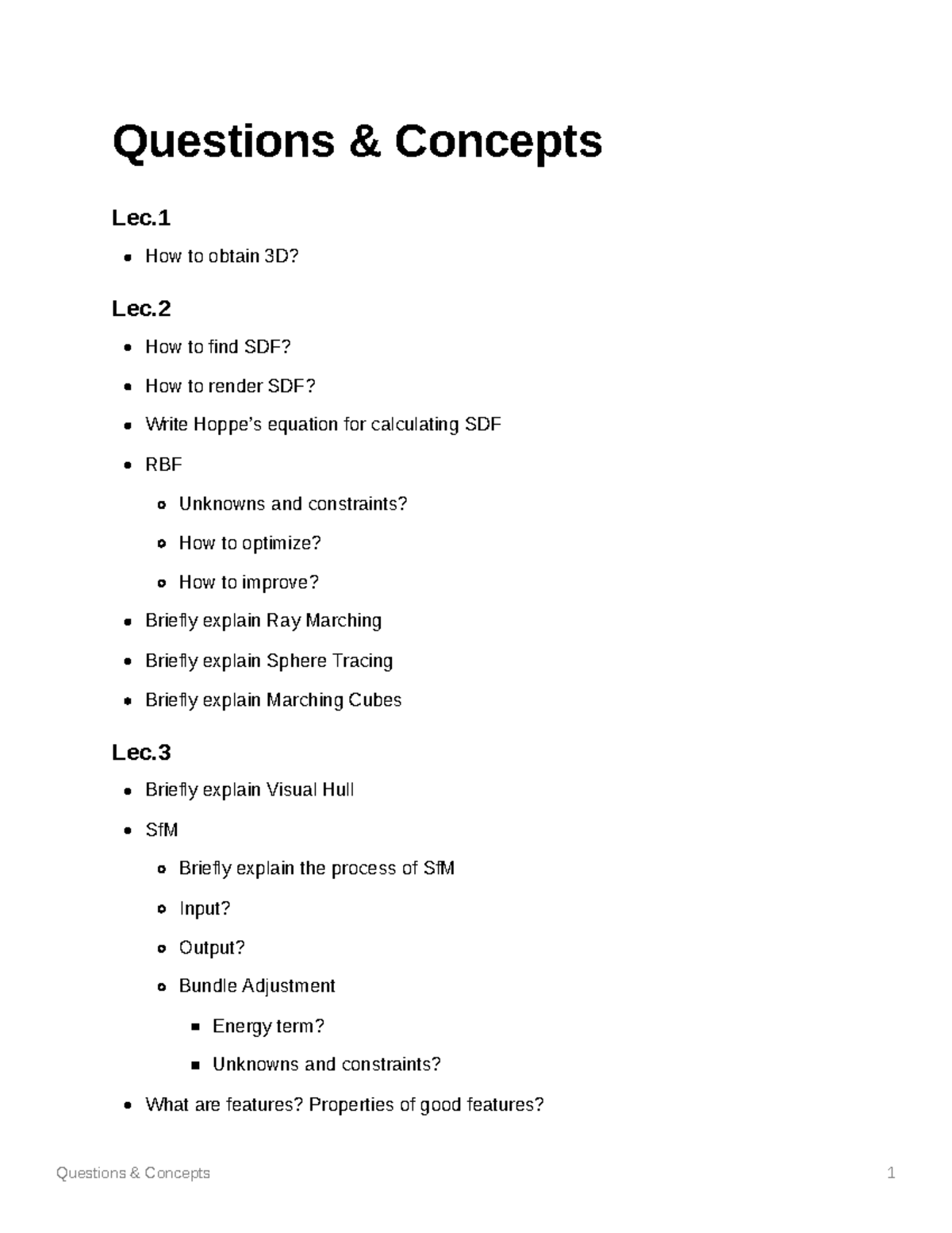 Questions Concepts - Questions & Concepts Lec. How to obtain 3D? Lec ...
