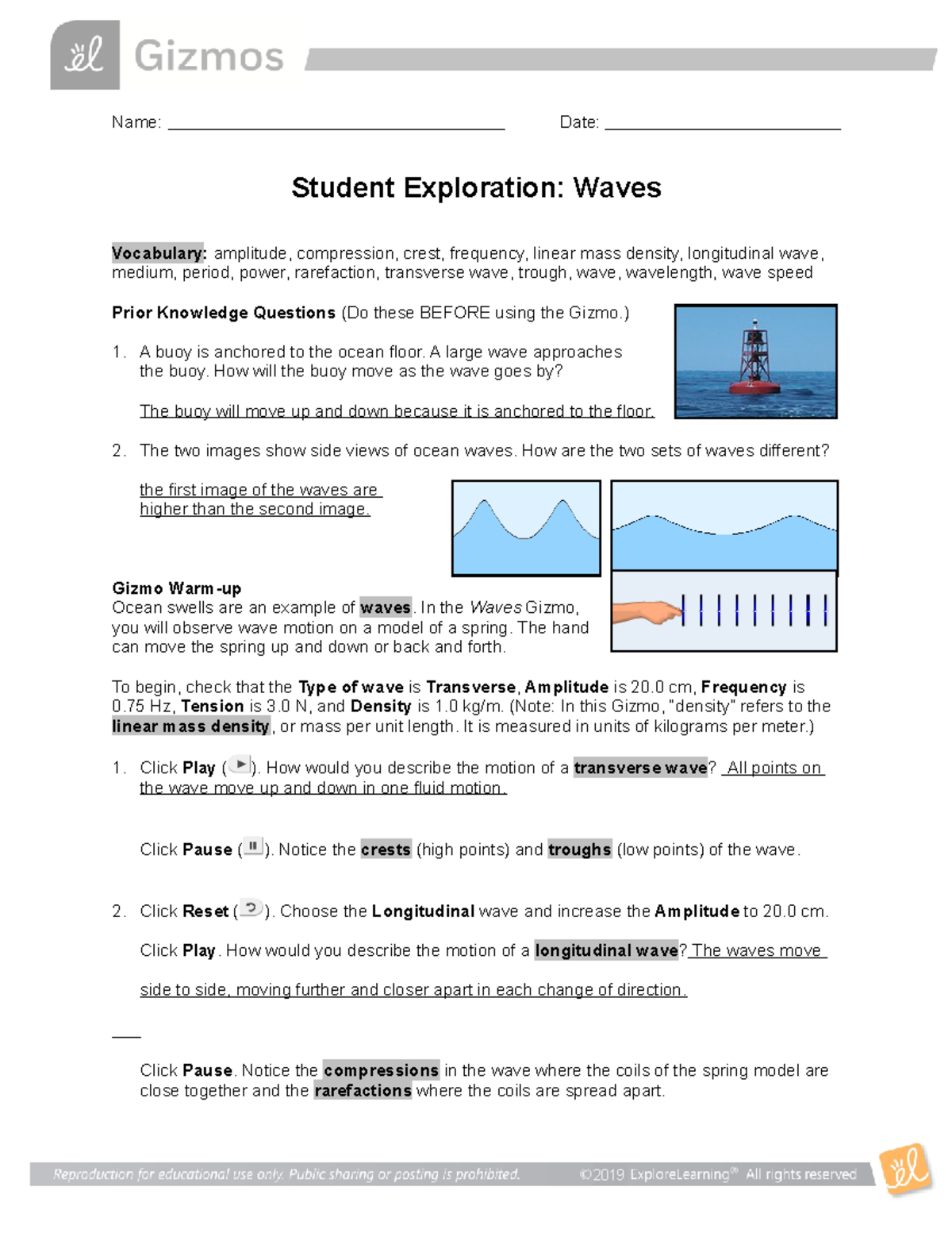 Waves SE - Name: Date: Student Exploration: Waves Vocabulary: amplitude ...