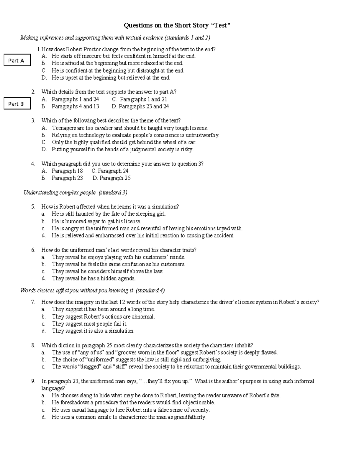 Short Story The Test questions - Questions on the Short Story “Test ...