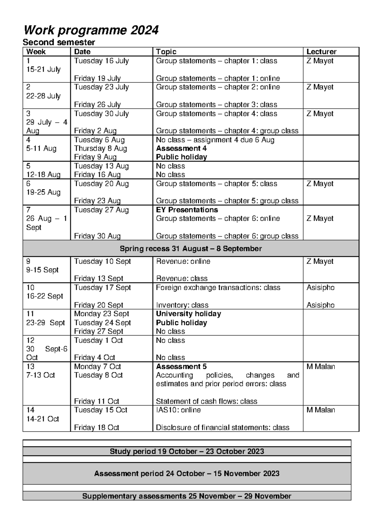 Work programme 2024 2nd semester - Work programme 2024 Second semester ...