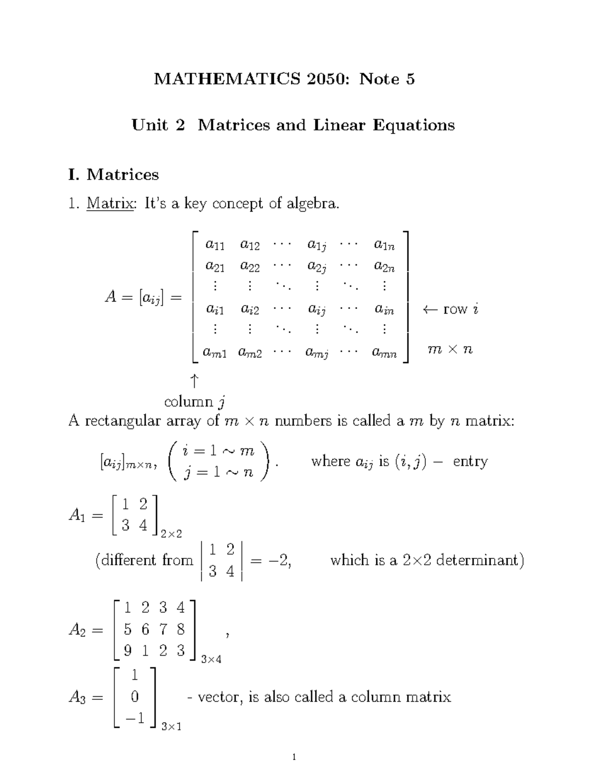 N5 - notes5 - MATHEMATICS 2050: Note 5 Unit 2 Matrices and Linear ...