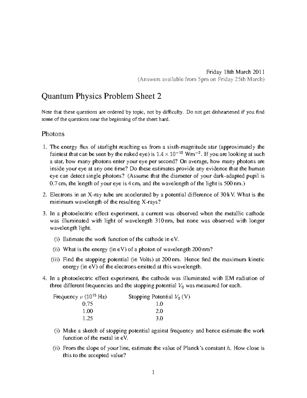 Quantum Physics 2010-2011 Problem Sheet 2 - Friday 18th March 2011 ...