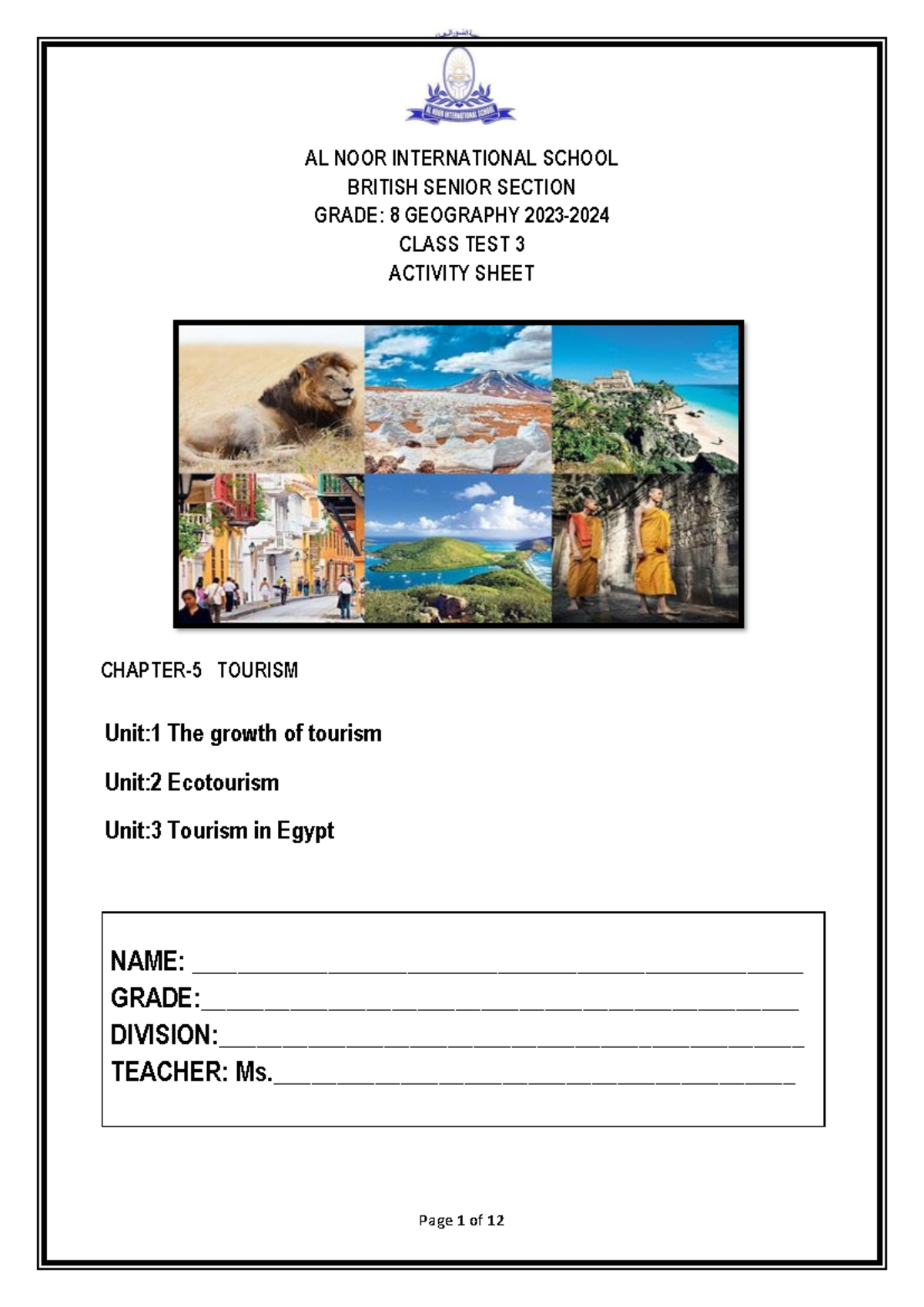 Geography CT 3 Worksheet - Chapter 5 Tourism - AL NOOR INTERNATIONAL ...