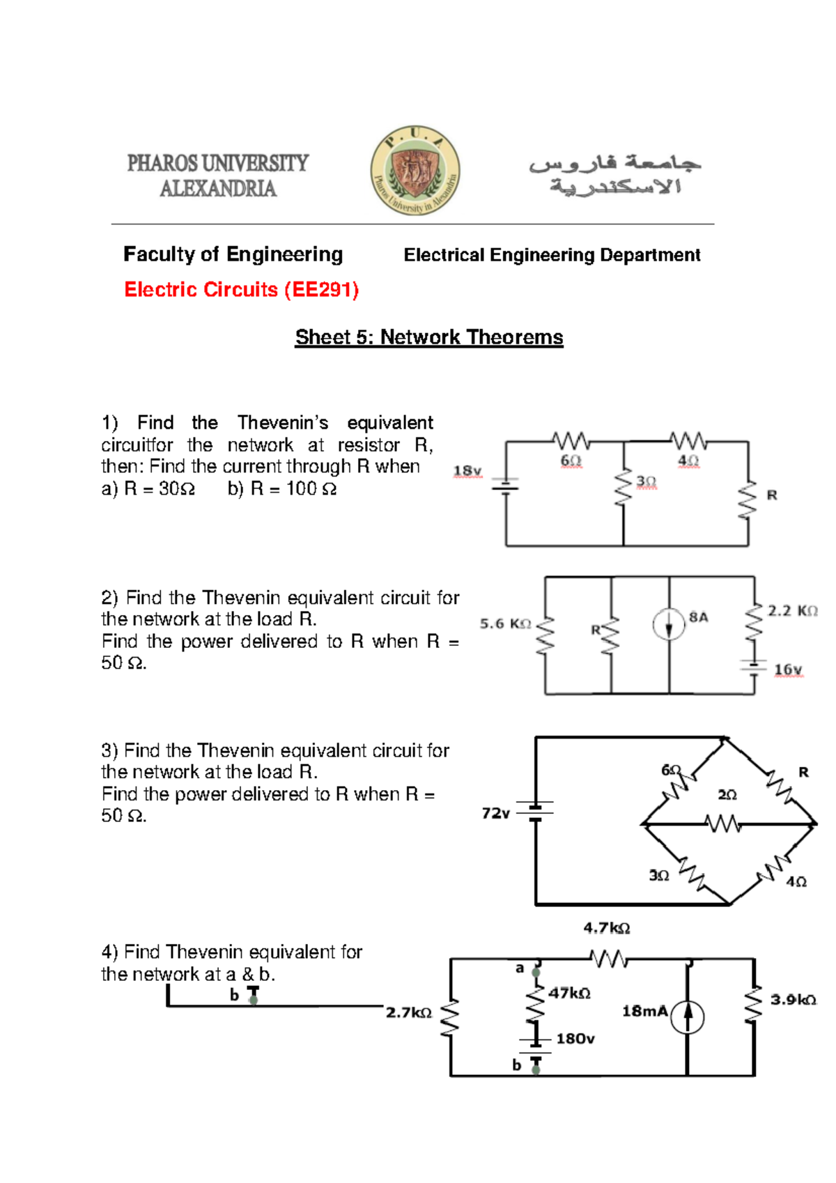 EE291 Sheet 5 - Faculty of Engineering Electrical Engineering Department Electric Circuits ...