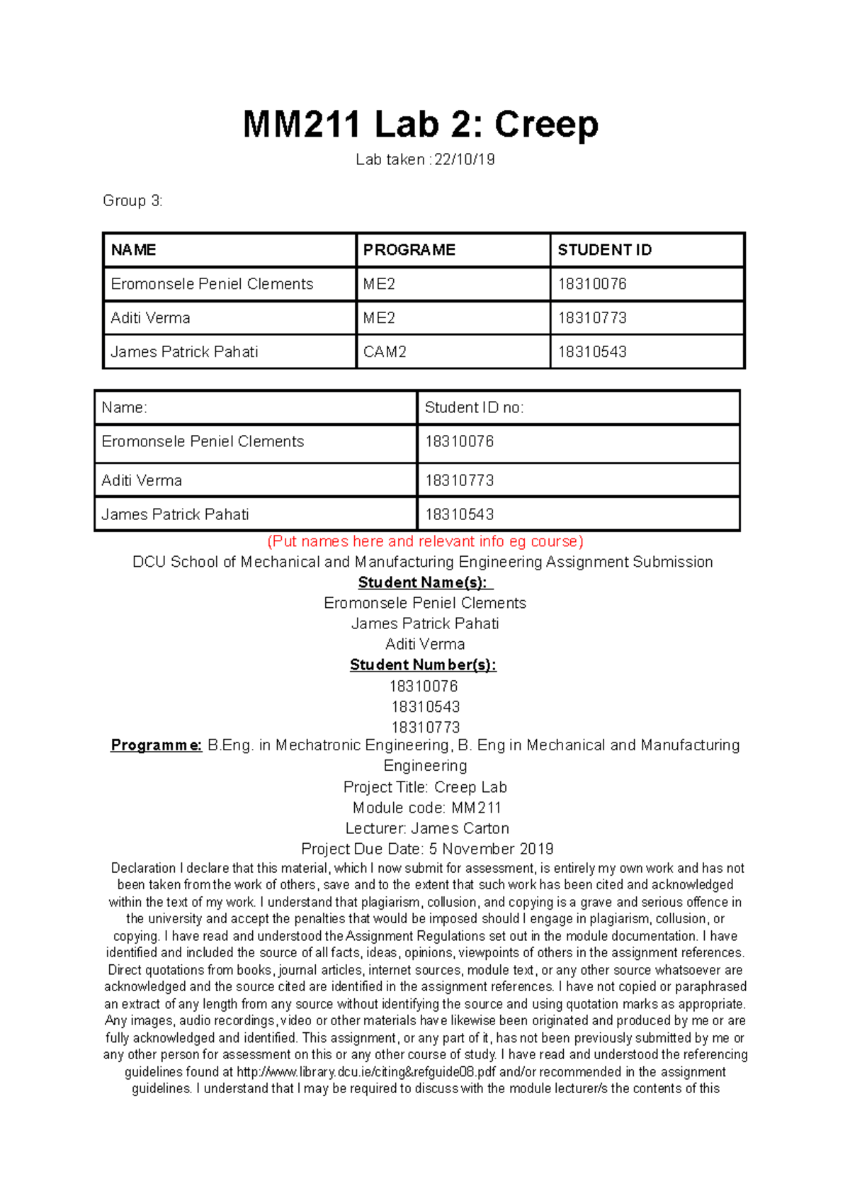 Creep Lab Report - MM211 Lab 2: Creep Lab taken :22/10/ Group 3: NAME ...