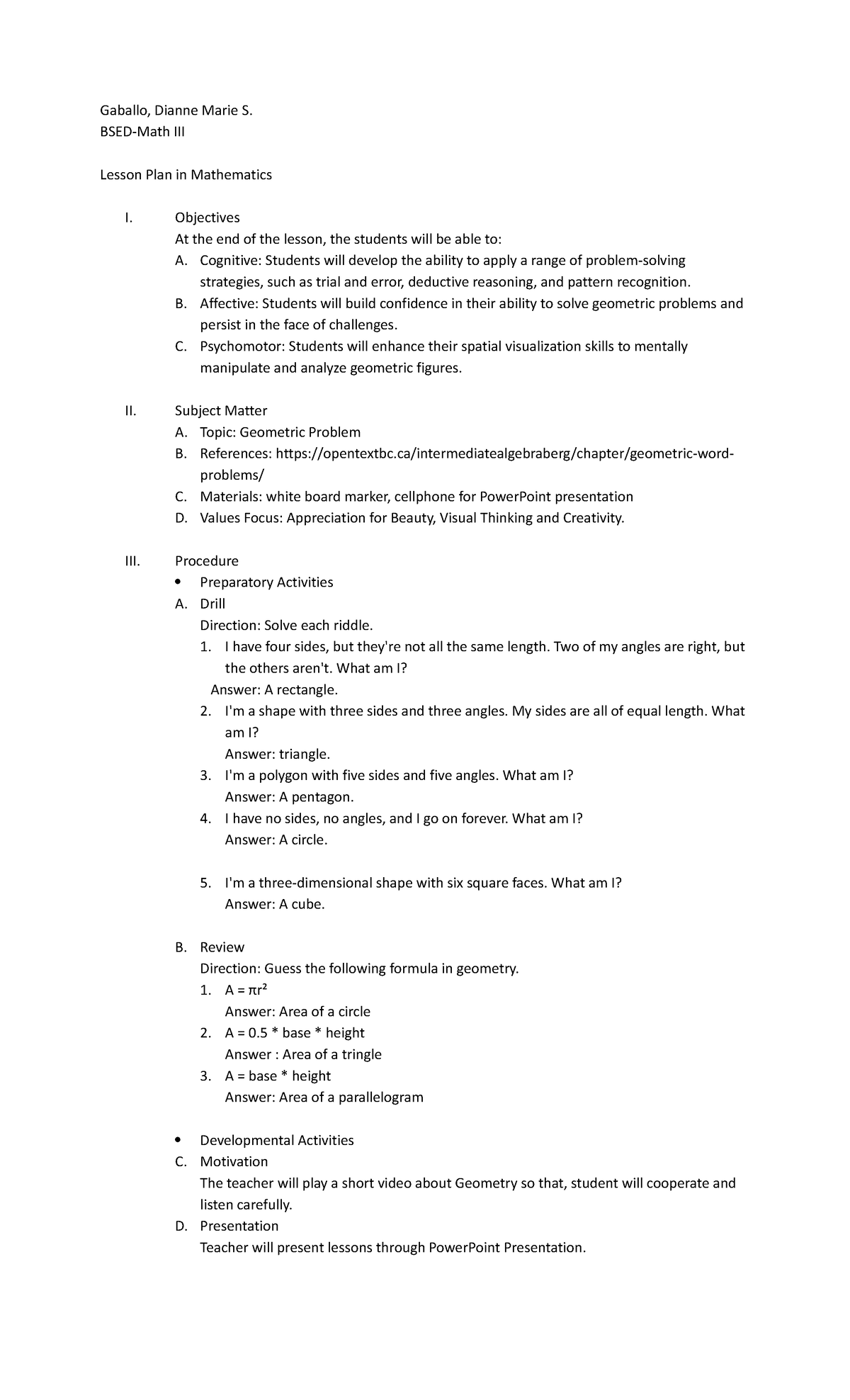 Problem Solving Lesson Plan Gaballo Dianne Marie S BSED Math III