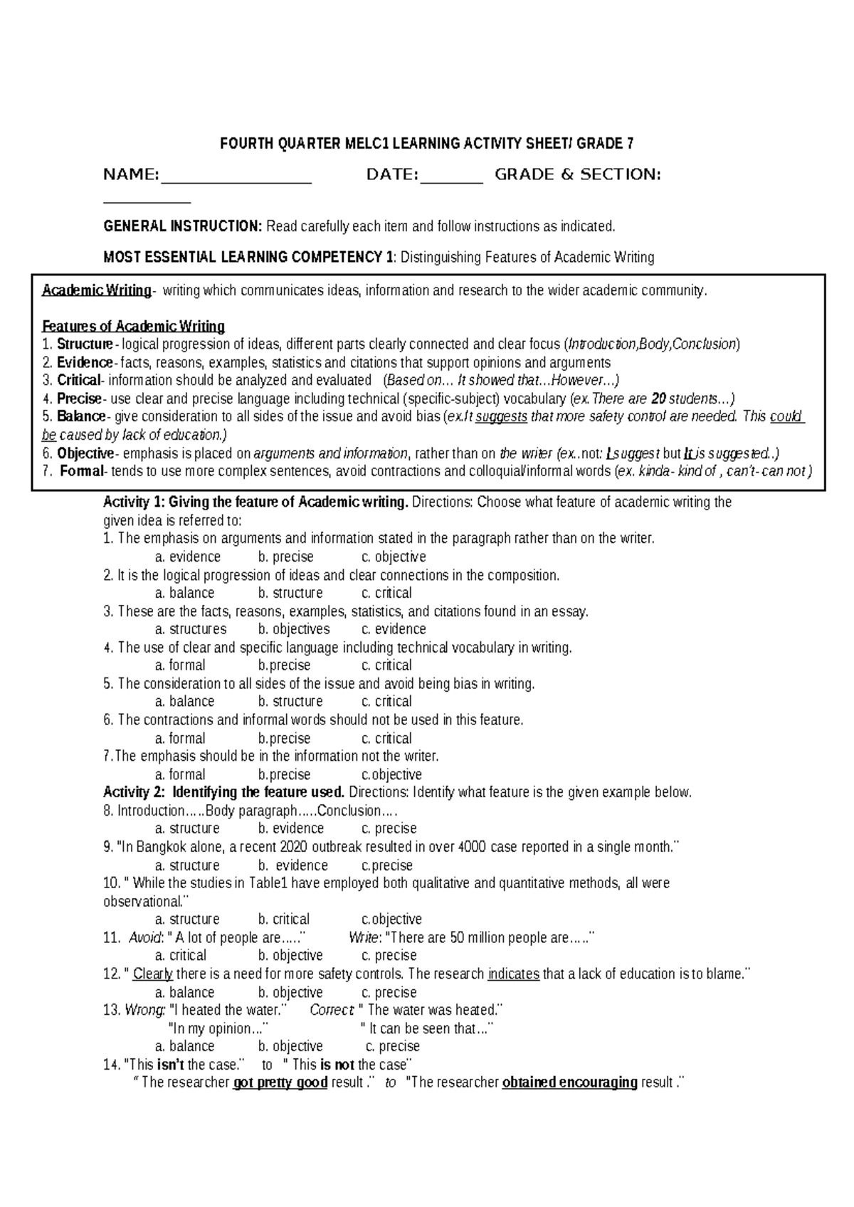 Fourth Quarter MELC1 Learning Activity Sheet - FOURTH QUARTER MELC1 LEARNING ACTIVITY SHEET ...
