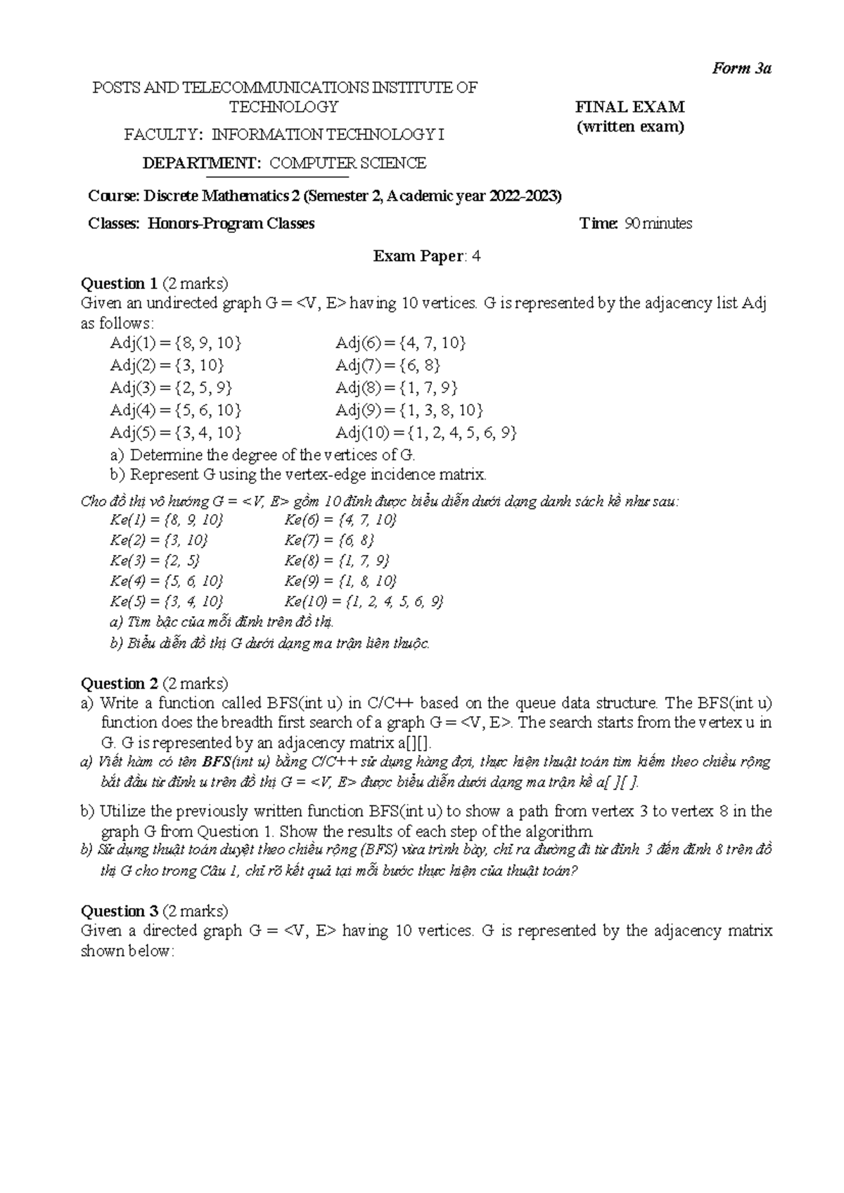 Discrete Math 2 Honors Prog 2023 Qpaper 4 - Form 3a POSTS AND TELECOMMUNICATIONS INSTITUTE OF ...