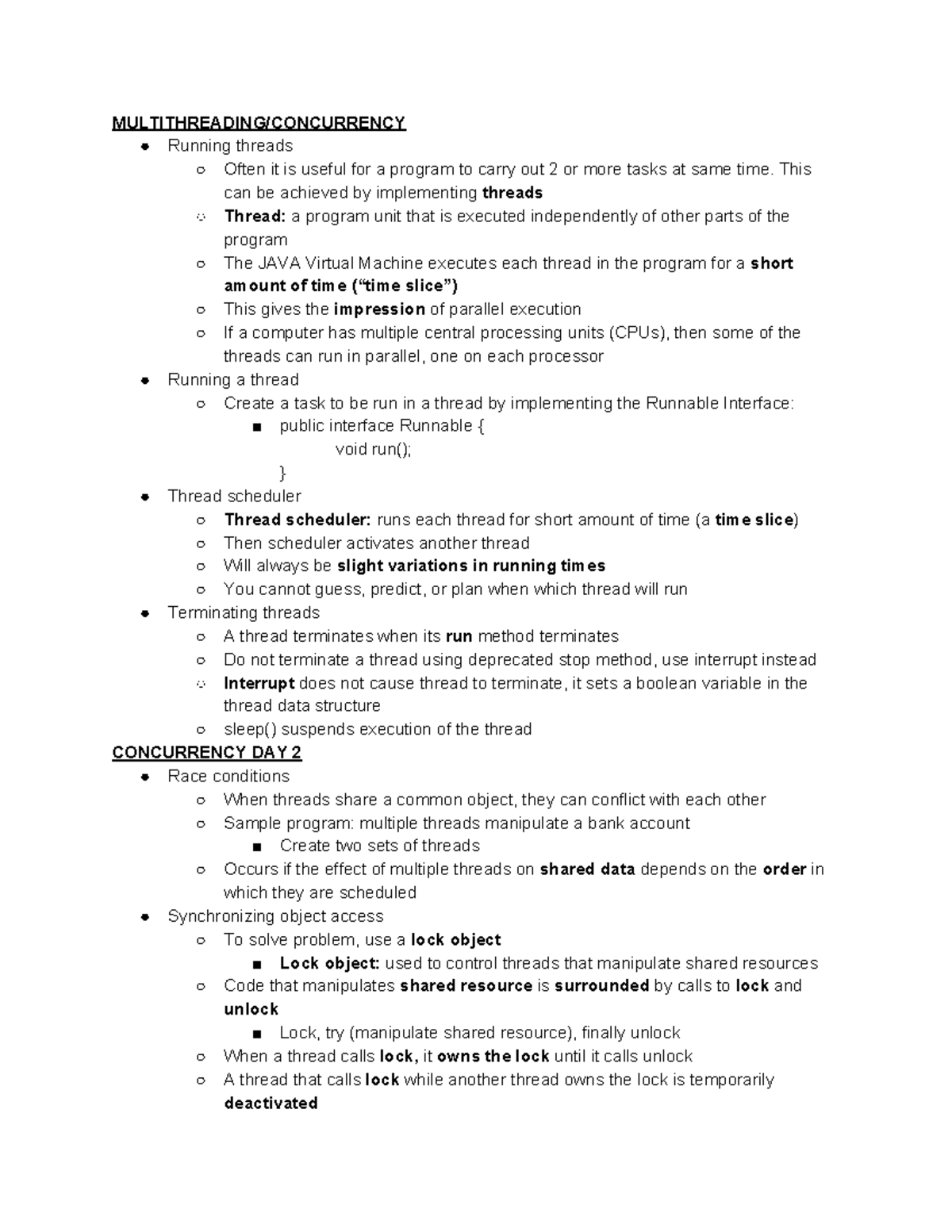Final EXAM Notes - MULTITHREADING/CONCURRENCY Running threads Often it ...