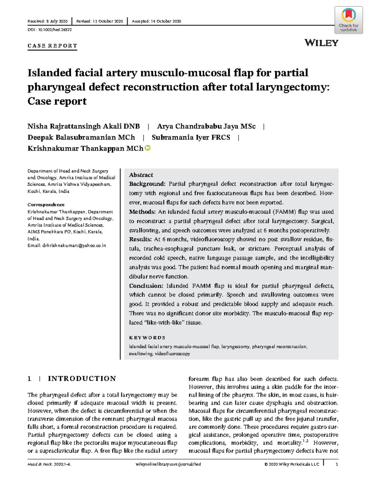 Islanded facial artery musculo-mucosal flap for partial pharyngeal ...