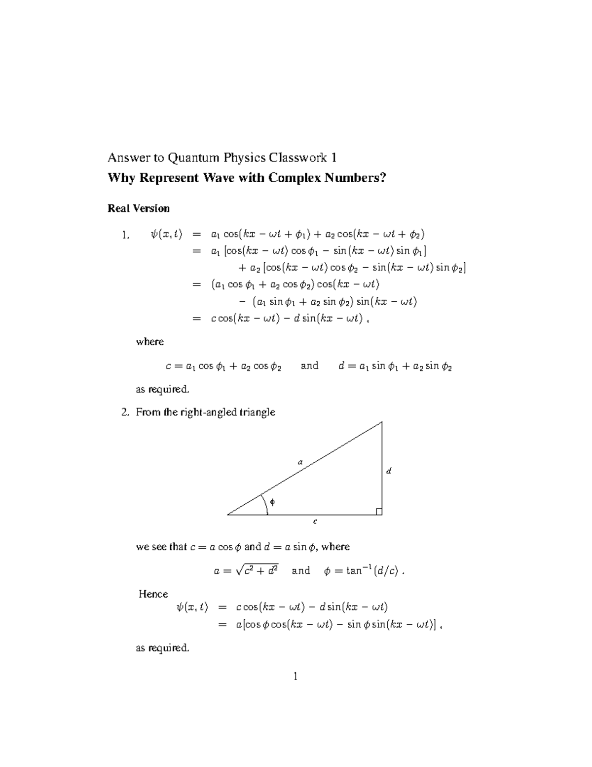 Quantum Physics 2010-2011 Classwork 1 - Solutions - Answer to Quantum ...