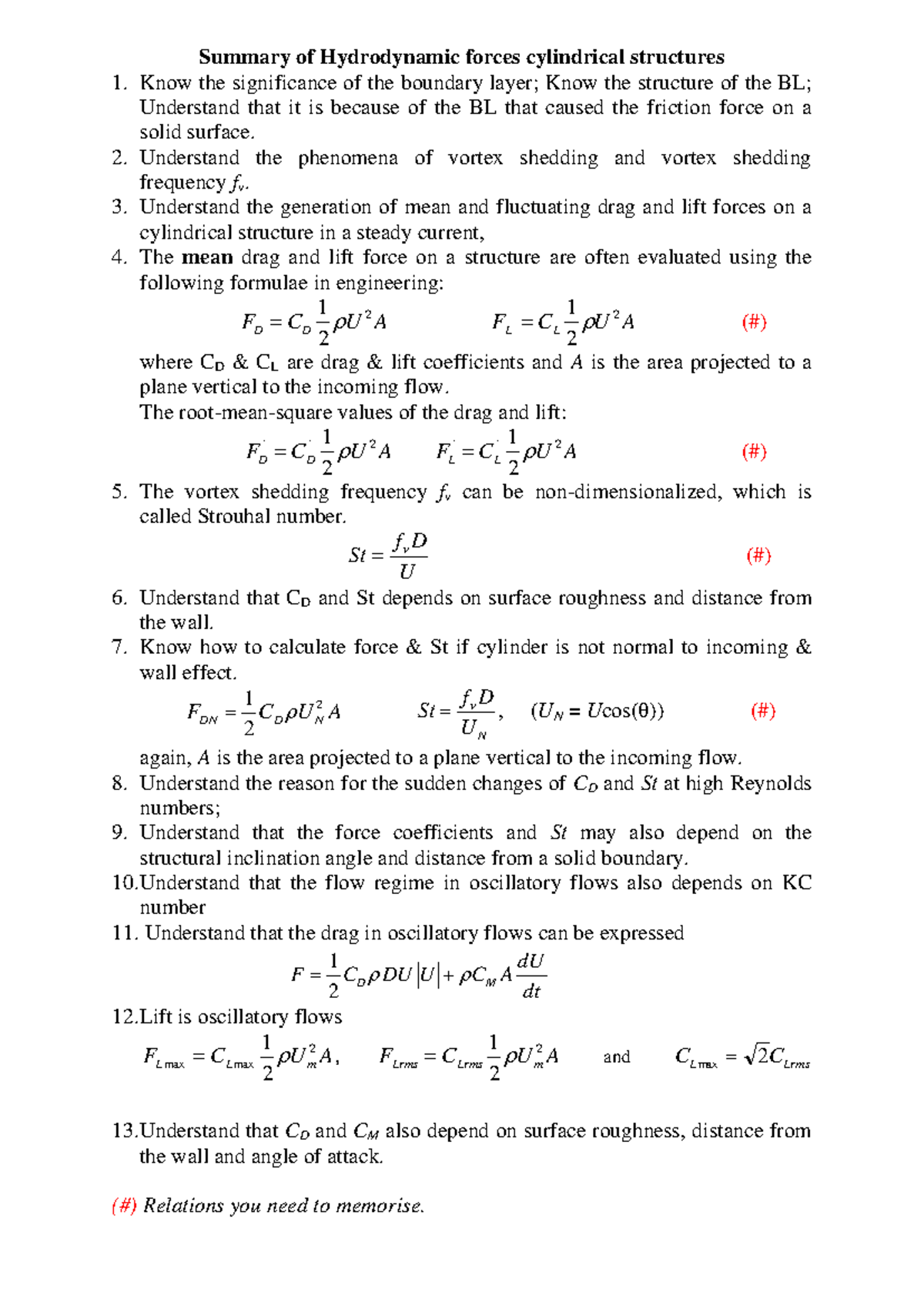 Chapter 1 Summary - Summary of Hydrodynamic forces cylindrical structures Know the significance ...