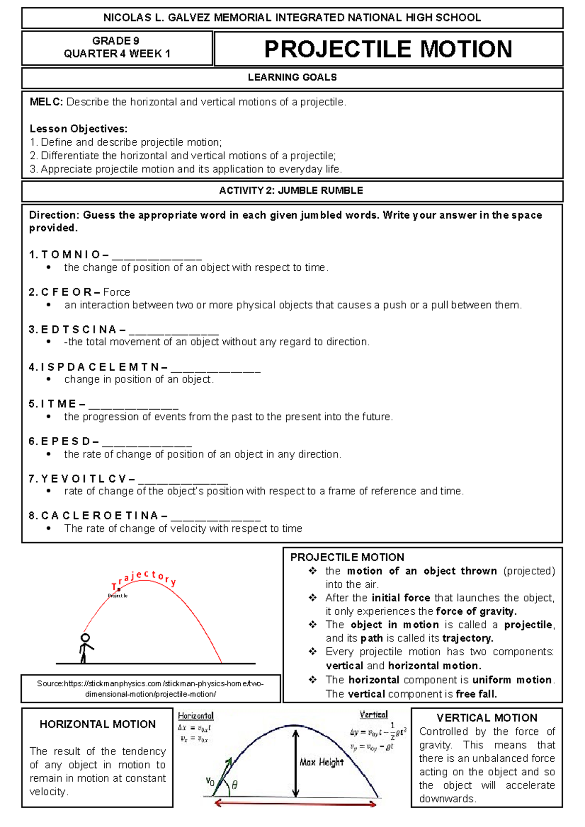 Worksheet - Q4W1 Projectile Motion - s LEARNING GOALS PROJECTILE MOTION ...