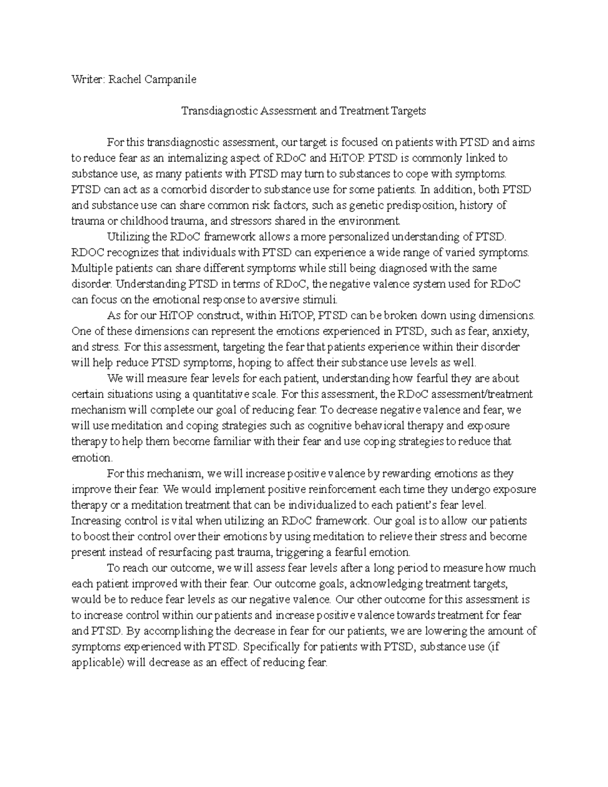 Week 6 Writing assignment transdiagnostic assessment and treatment targets - Writer: Rachel ...
