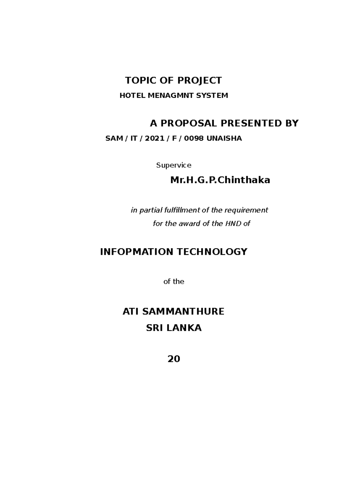 First Project First Semester - TOPIC OF PROJECT HOTEL MENAGMNT SYSTEM A ...