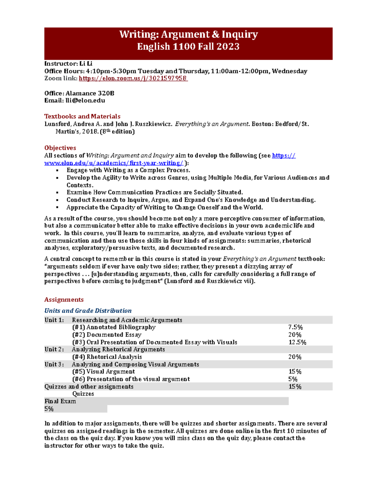 Li-English 1100 Course policies syllabus - Writing: Argument & Inquiry ...