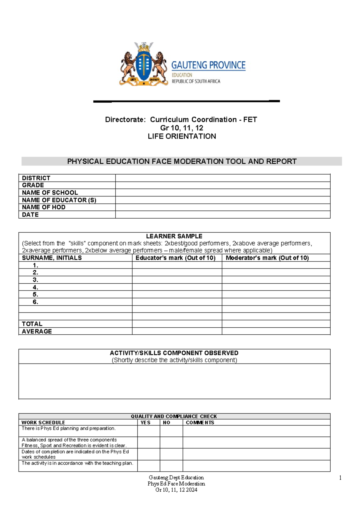 PET FACE Moderation TOOL PHYS ED - Directorate: Curriculum Coordination ...