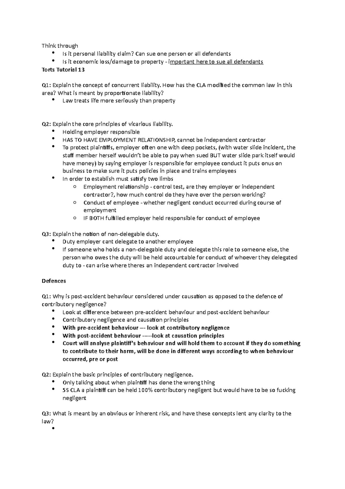 Torts tutorial w 13 - concurrent liability - Think through Is it personal liability claim? Can ...