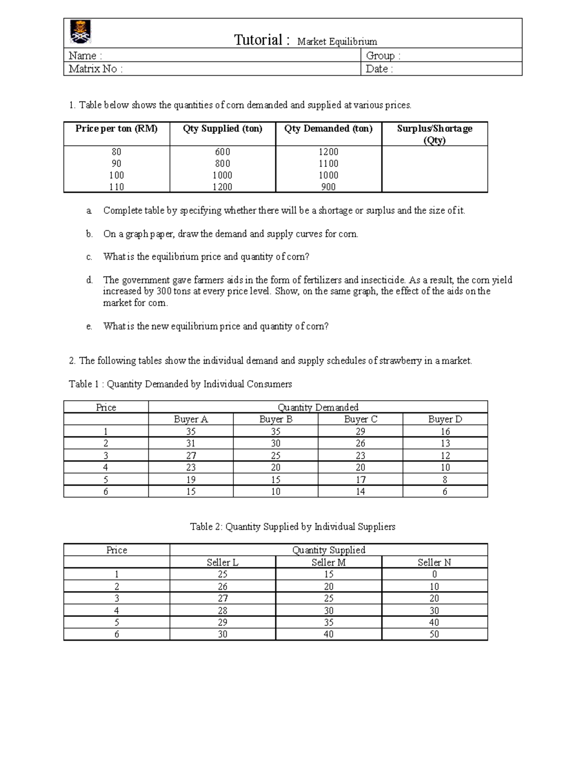Tuto 5 - 123456 - 1. Table below shows the quantities of corn demanded and supplied at various ...