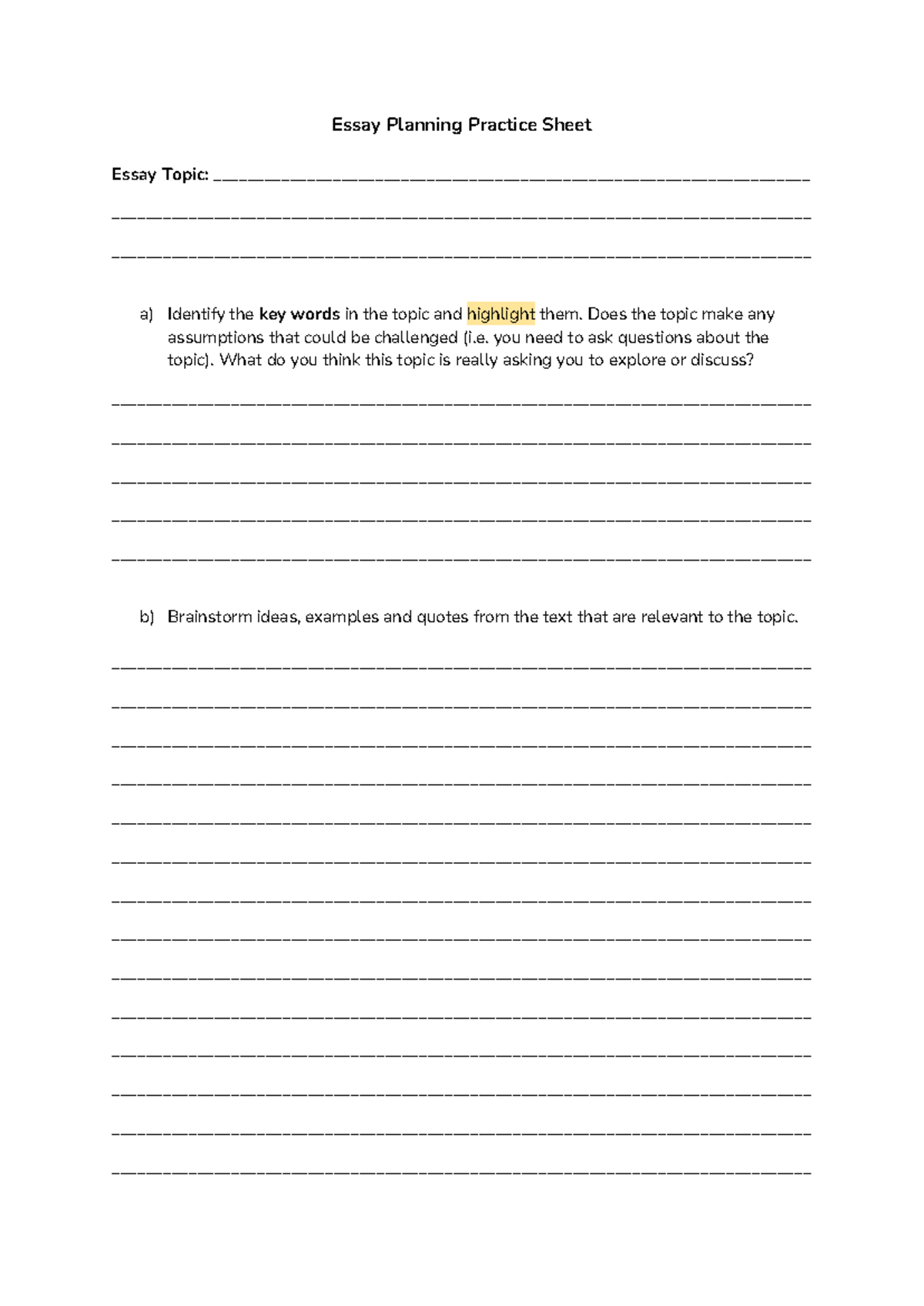 Essay Planning Practice Sheet - Does the topic make any assumptions ...