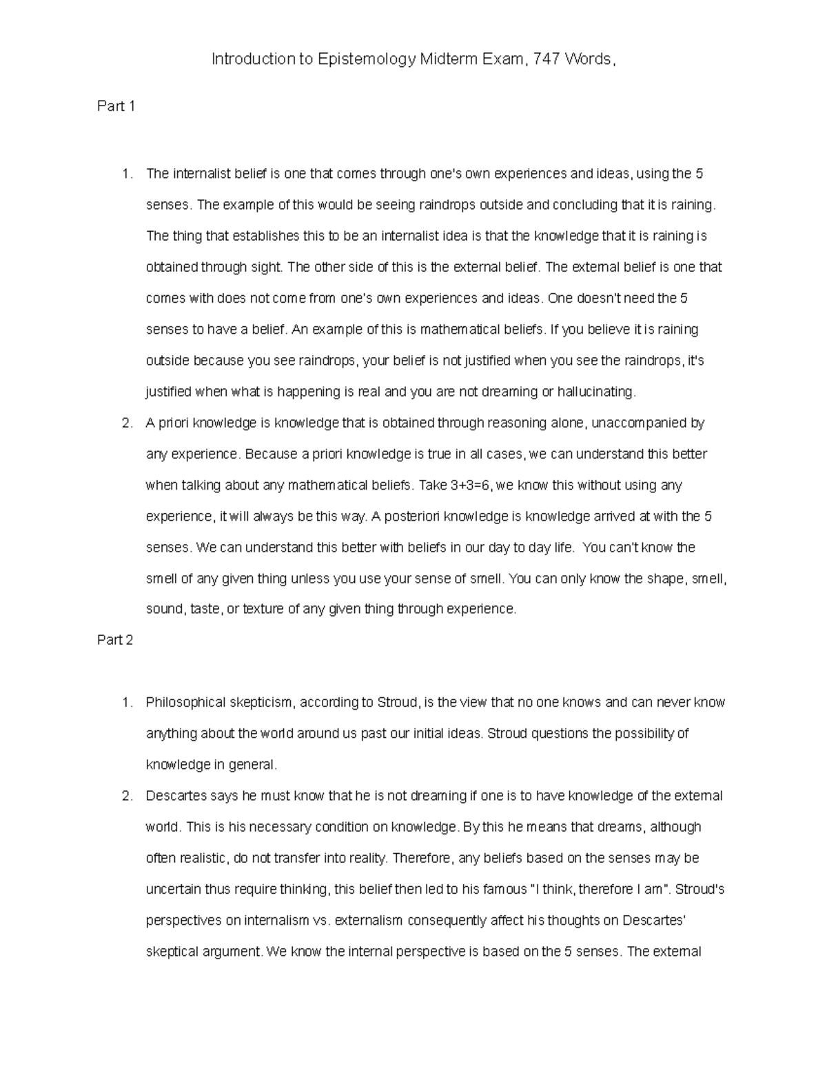 PHIL263 Midterm - Introduction to Epistemology Midterm Exam, 747 Words ...
