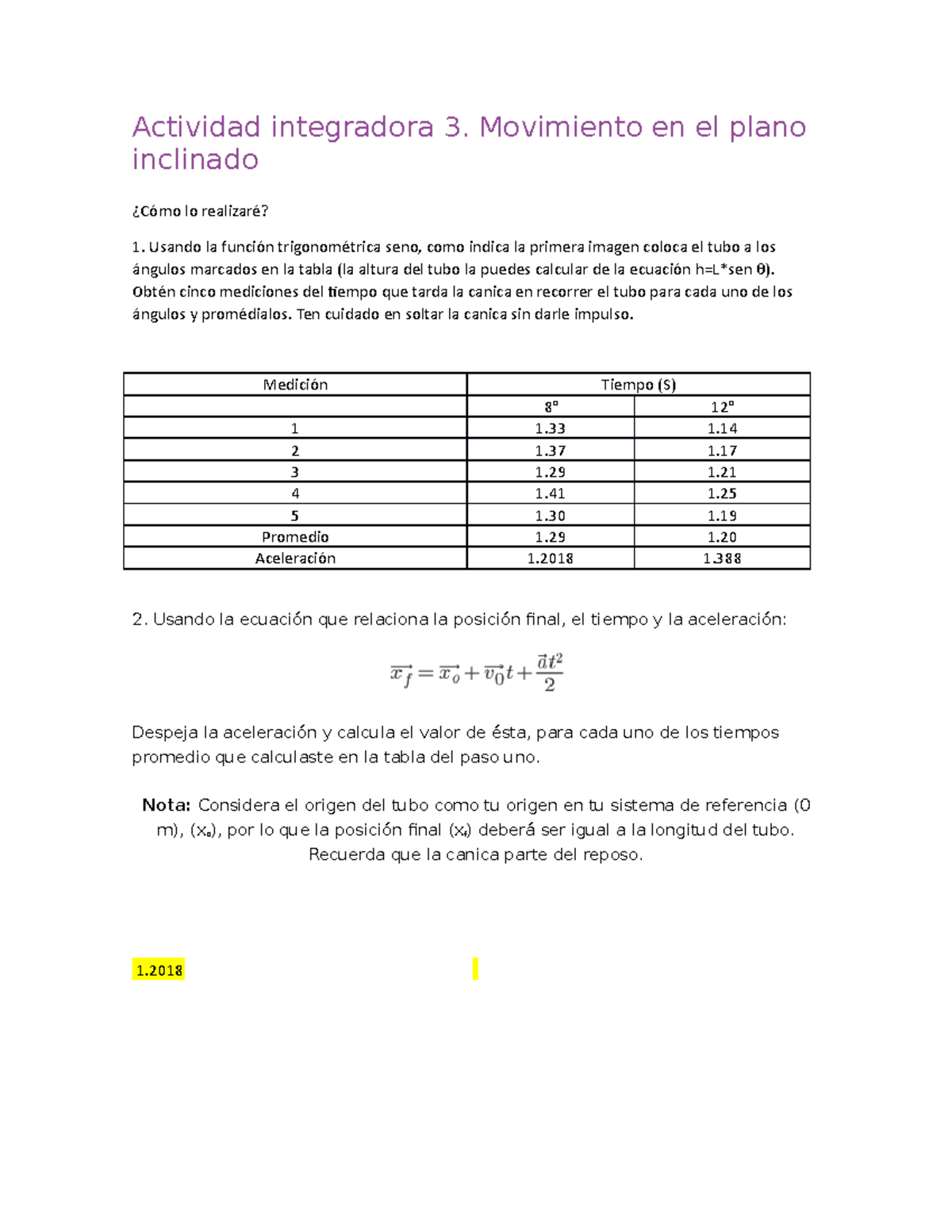 Actividad integradora 3. Movimiento en el plano inclinado - Actividad ...