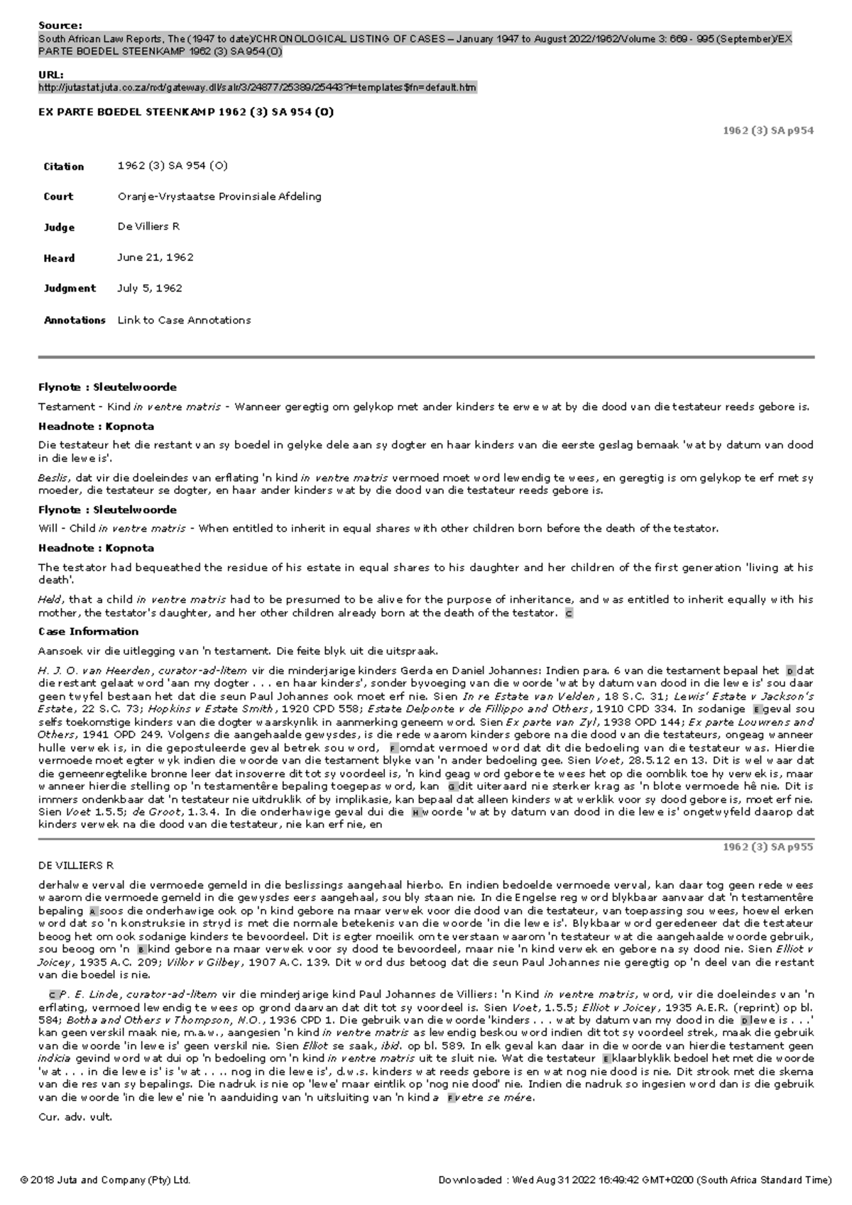 EX Parte Boedel Steenkamp 1962 (3) SA 954 (O) - Source: - Studocu