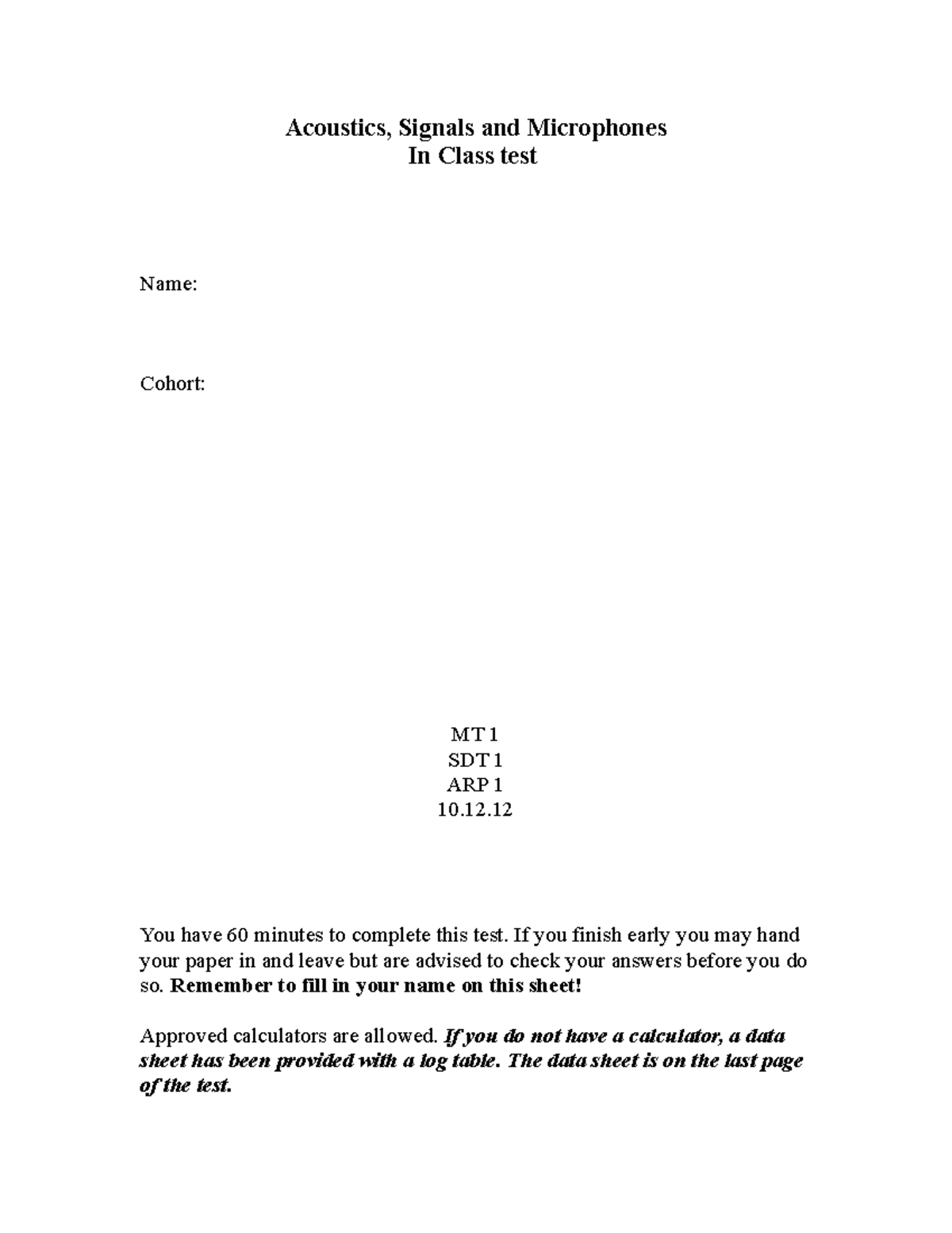 Sample/practice exam 2012, questions - Acoustics, Signals and ...